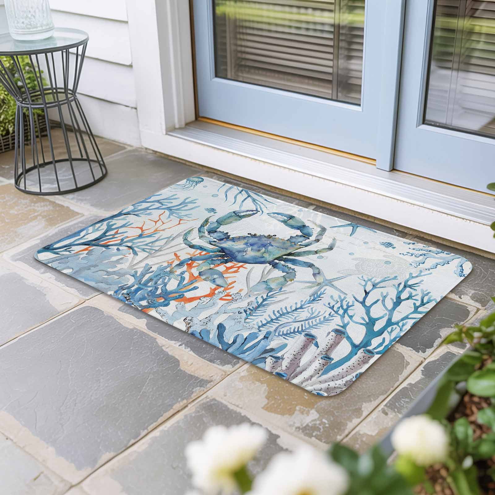 Crab Door Mat Indoor Outdoor, Blue Coastal Starfish Ocean Coral ...