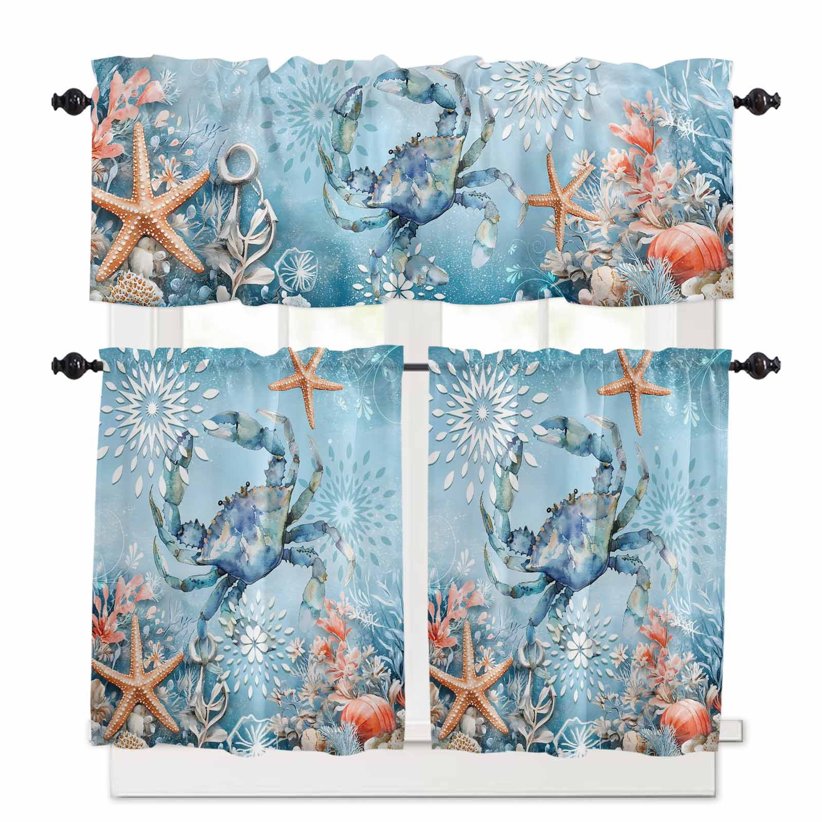 Crab Kitchen Curtains and Valances Set, Coral Starfish Ocean Coastal ...