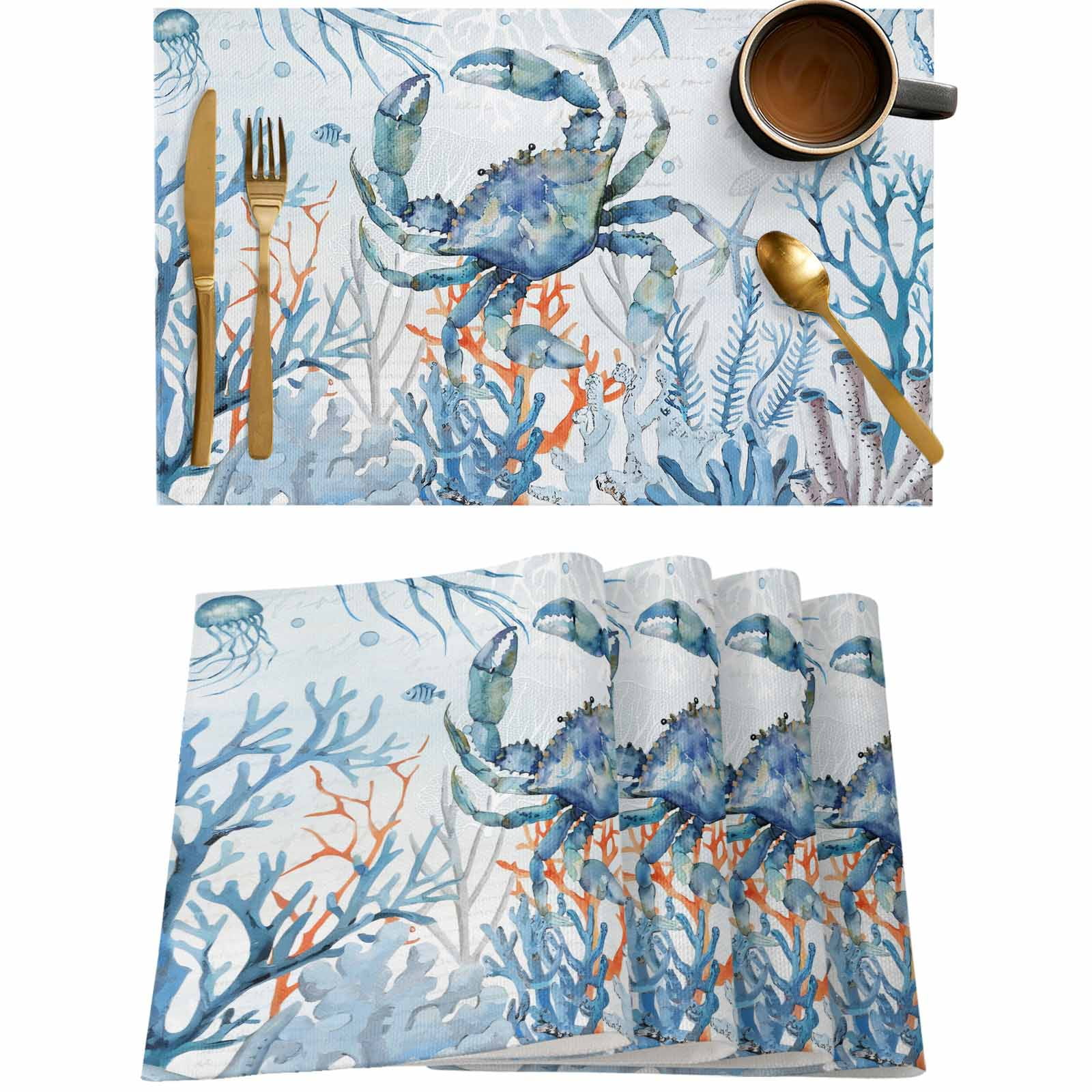 Crab Ocean Coral Starfish Placemats Set of 4,Wipeable Washable Table ...