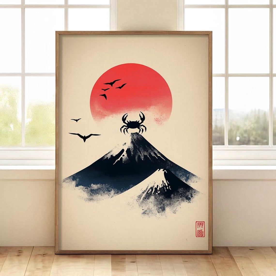 Crab On Mount Fuji Japanese Sumi Ink Minimalist Mountain Poster ...