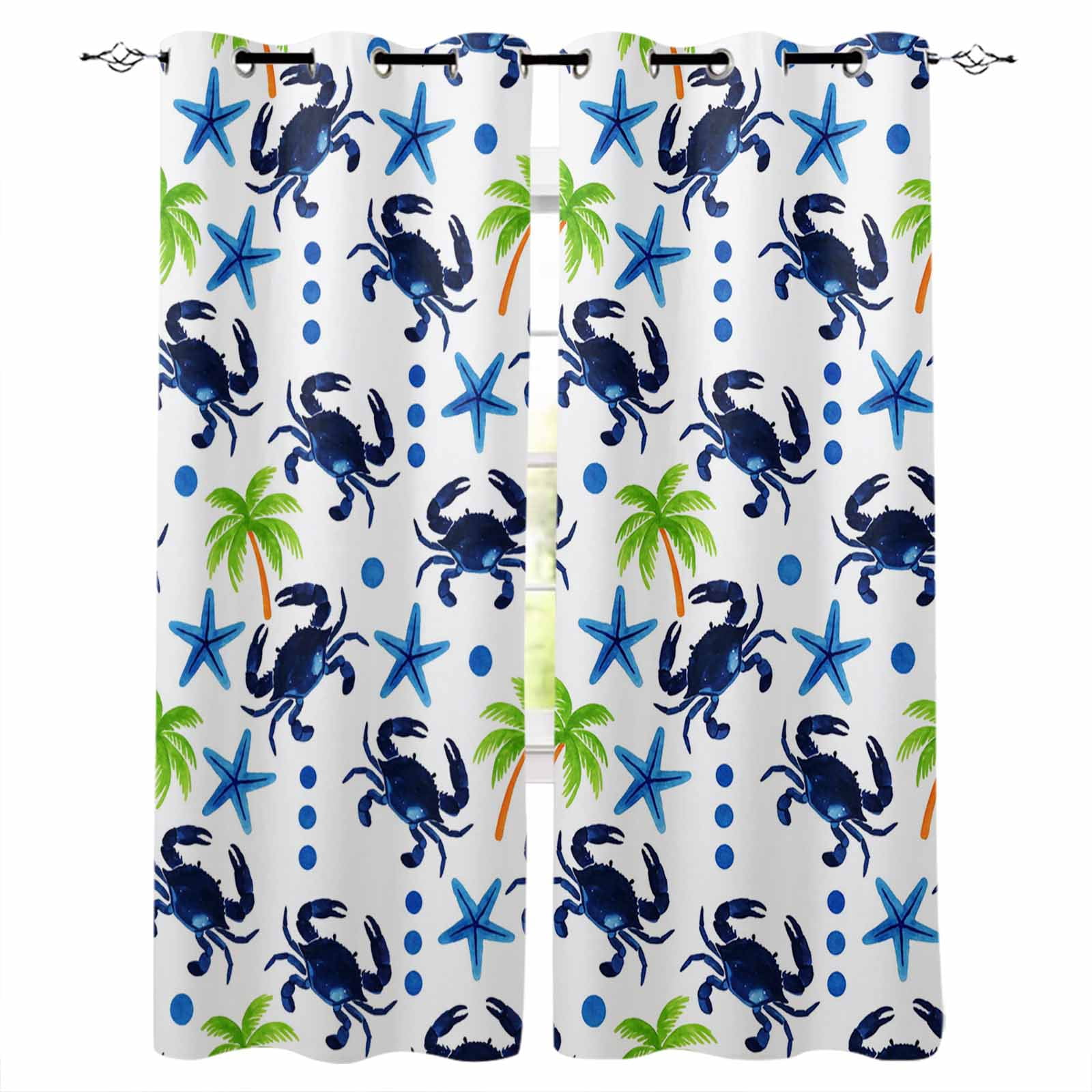 Crab Palm Trees Kitchen Curtains Coastal Starfish Blue Nautical Seaside ...