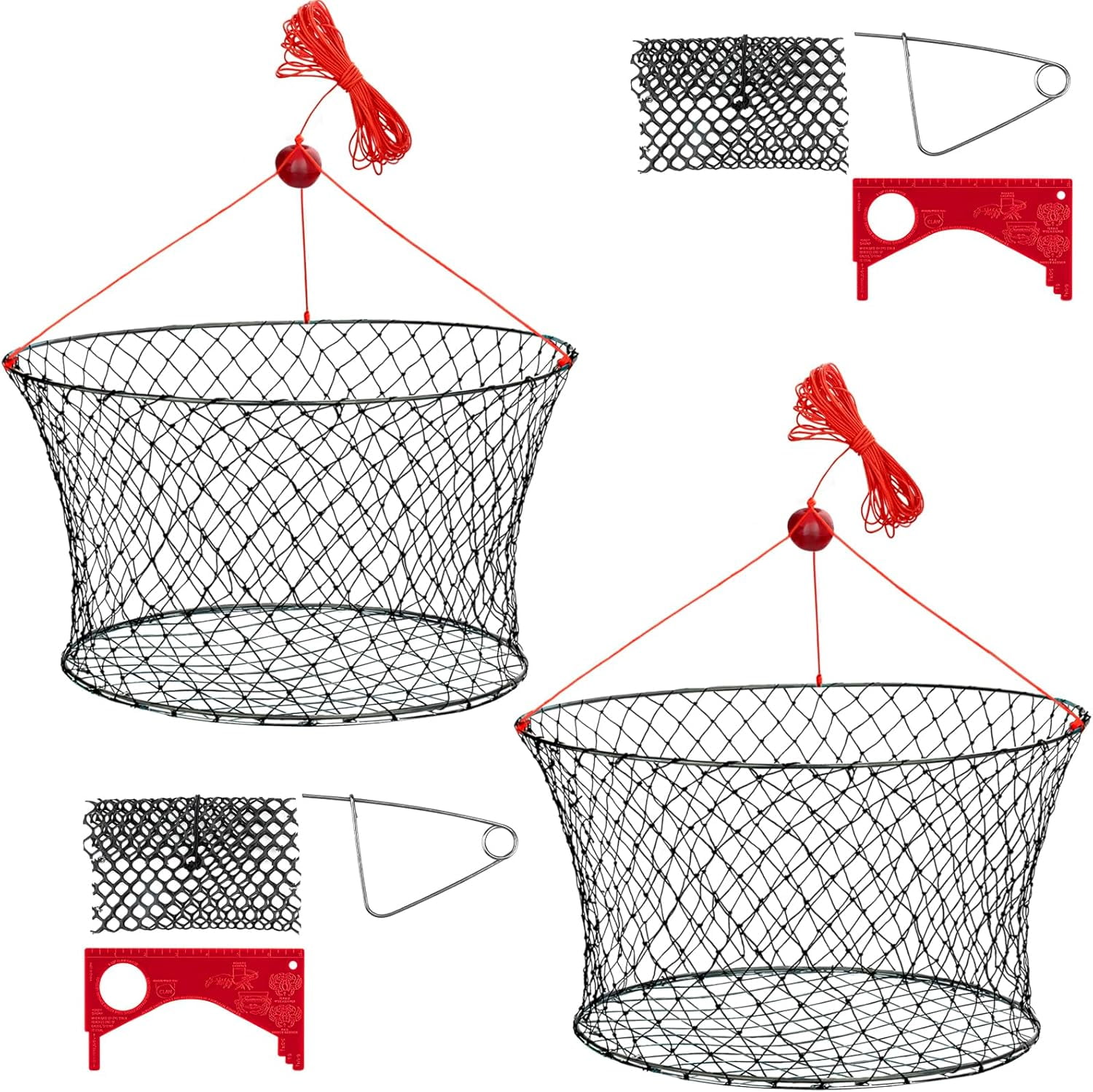 Crab Ring Trap Bait with Crab Gague Measure and Bait Clip Crab Net Minnow Trap with 24 Tarred ...