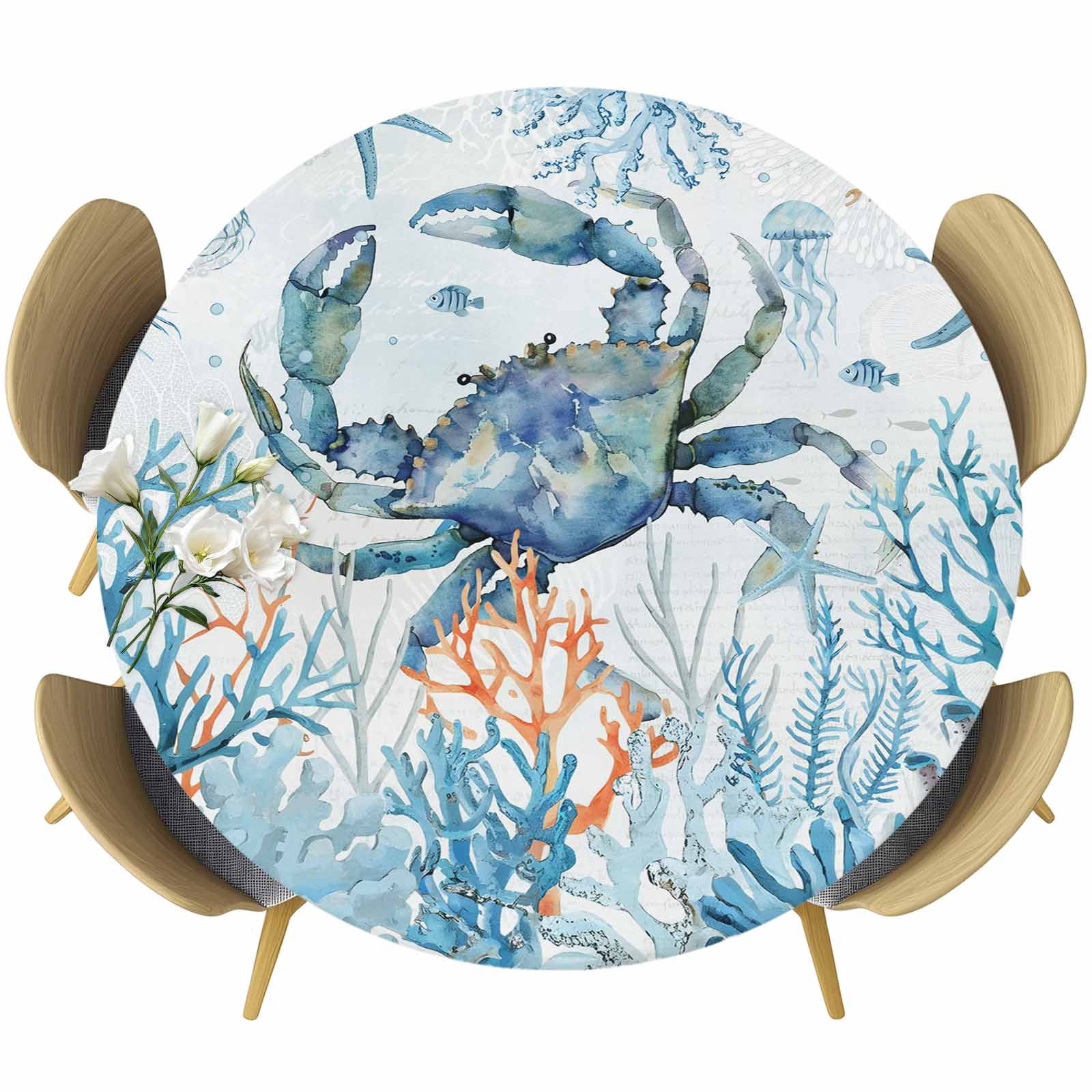 Crab Round Tablecloth, Fitted Table Cover with Elastic for 55"-60 ...