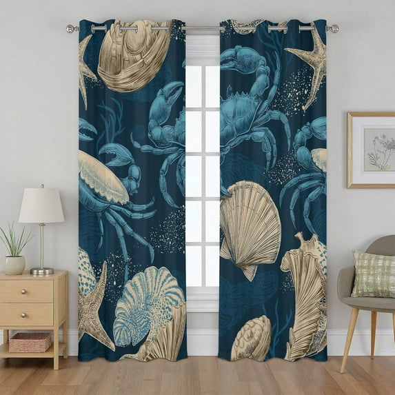 Crab Seashell Curtains For Living Room, Coastal Marine Life Drapes ...