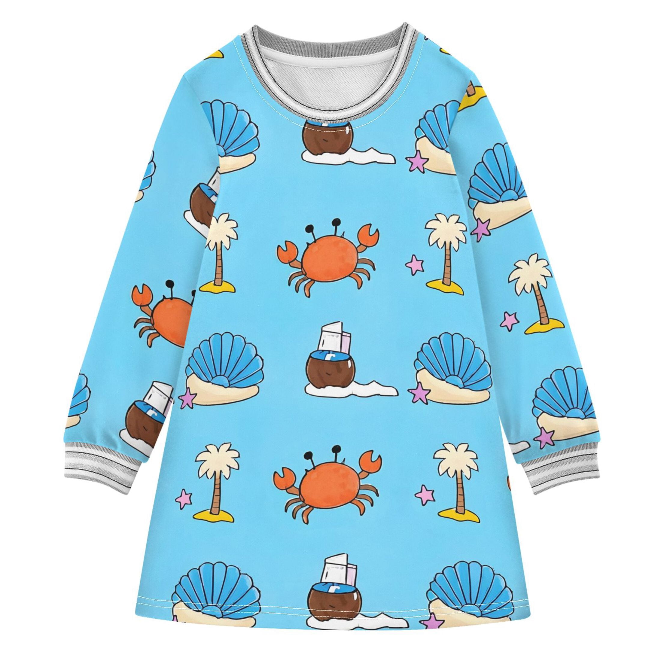 Crab Shell Coconut Tree Pattern Girls'long-sleeved dress Thickened A ...
