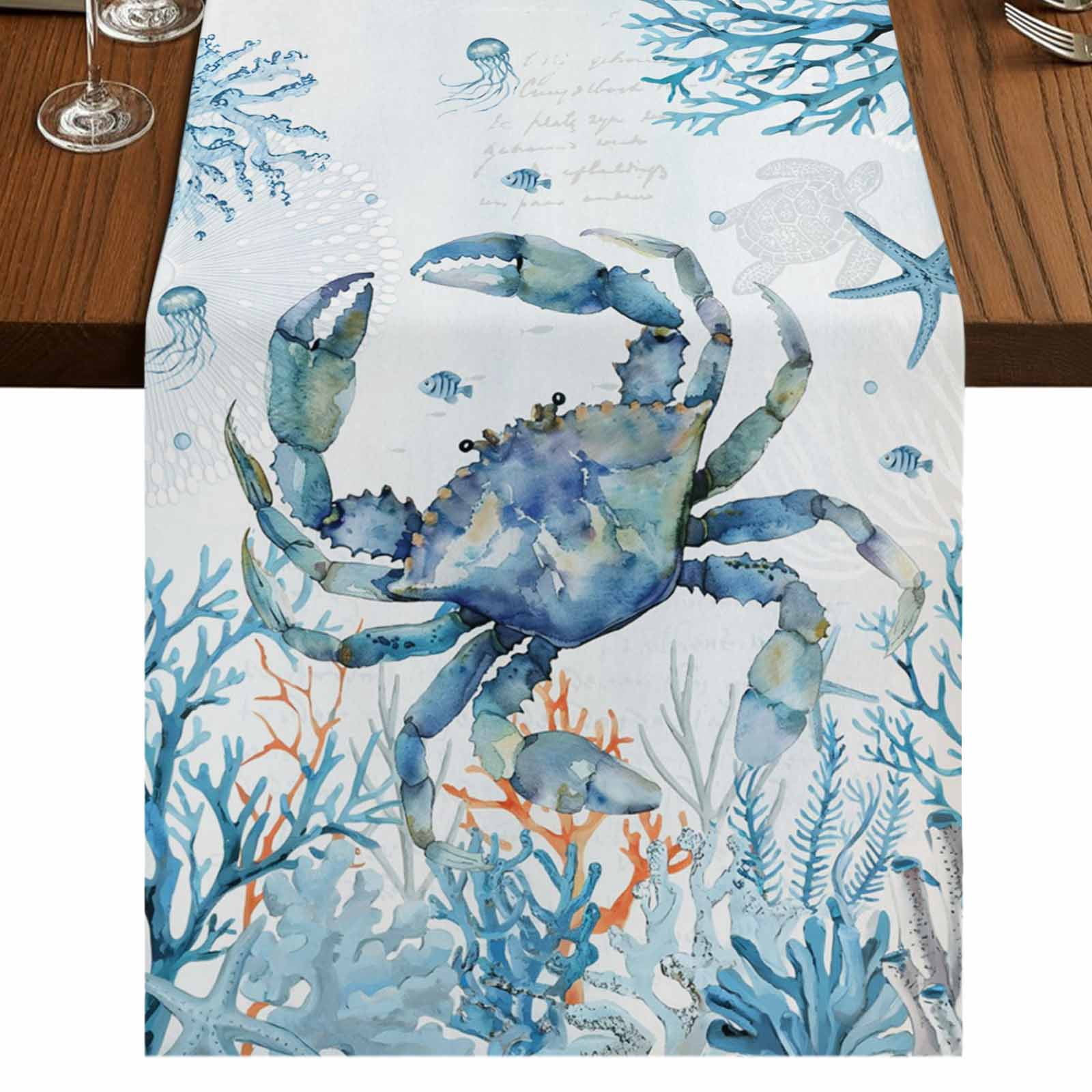 Crab Short Table Runner 36 Inches Long,Blue Coastal Starfish Ocean ...