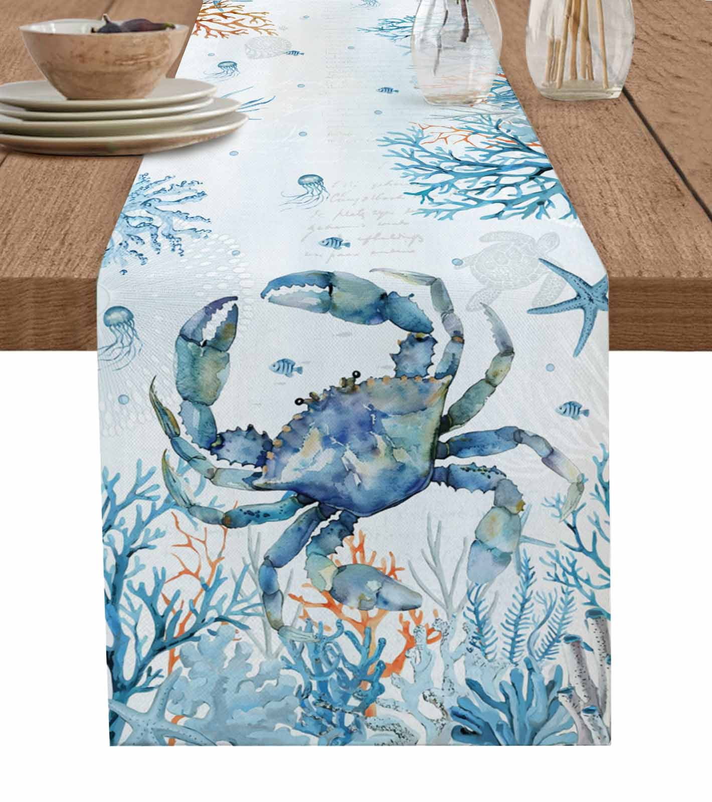 Crab Table Runner Blue Coastal Starfish Ocean Coral Nautical ...