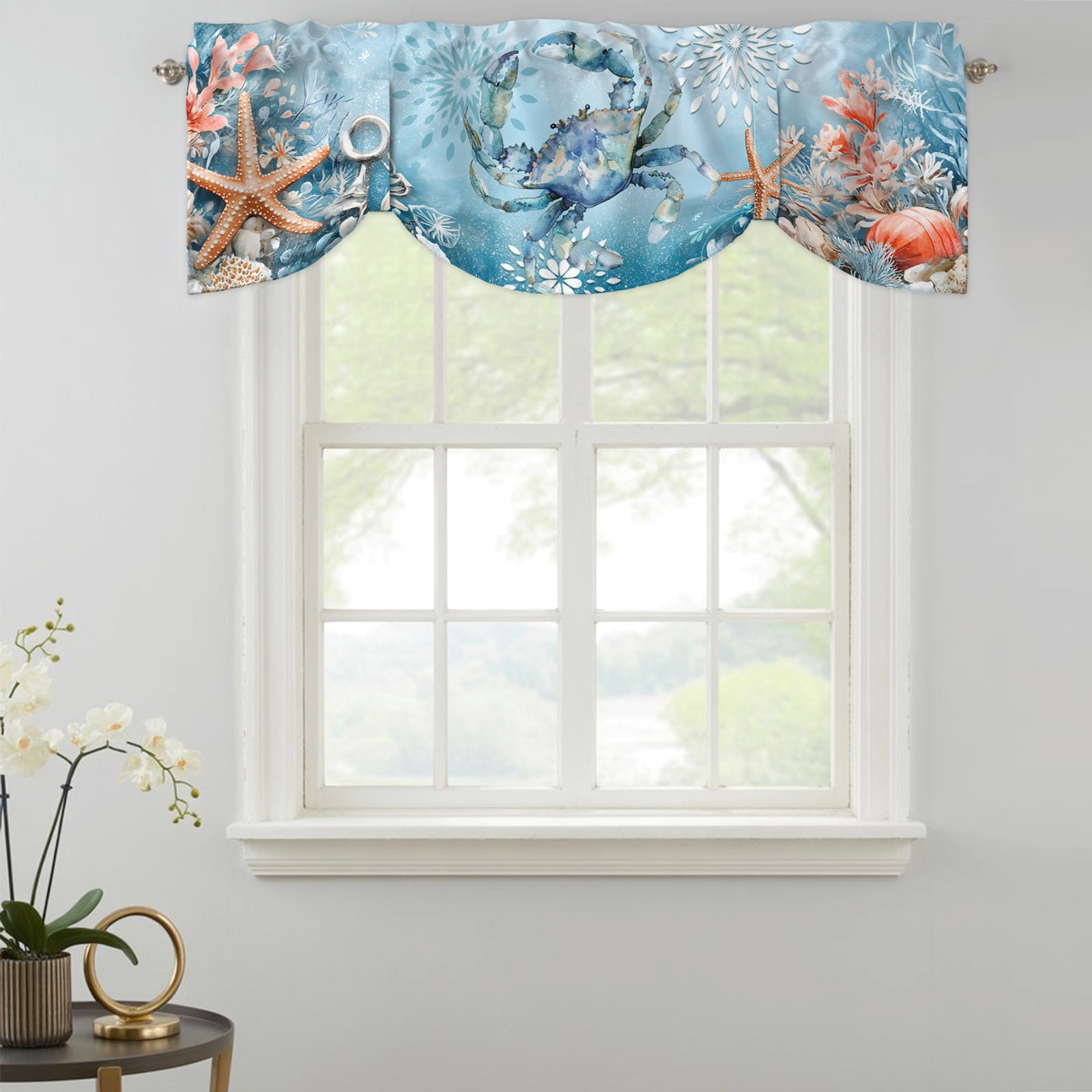 Crab Tie Up Valances Curtain, Coral Starfish Adjustable Valance for ...
