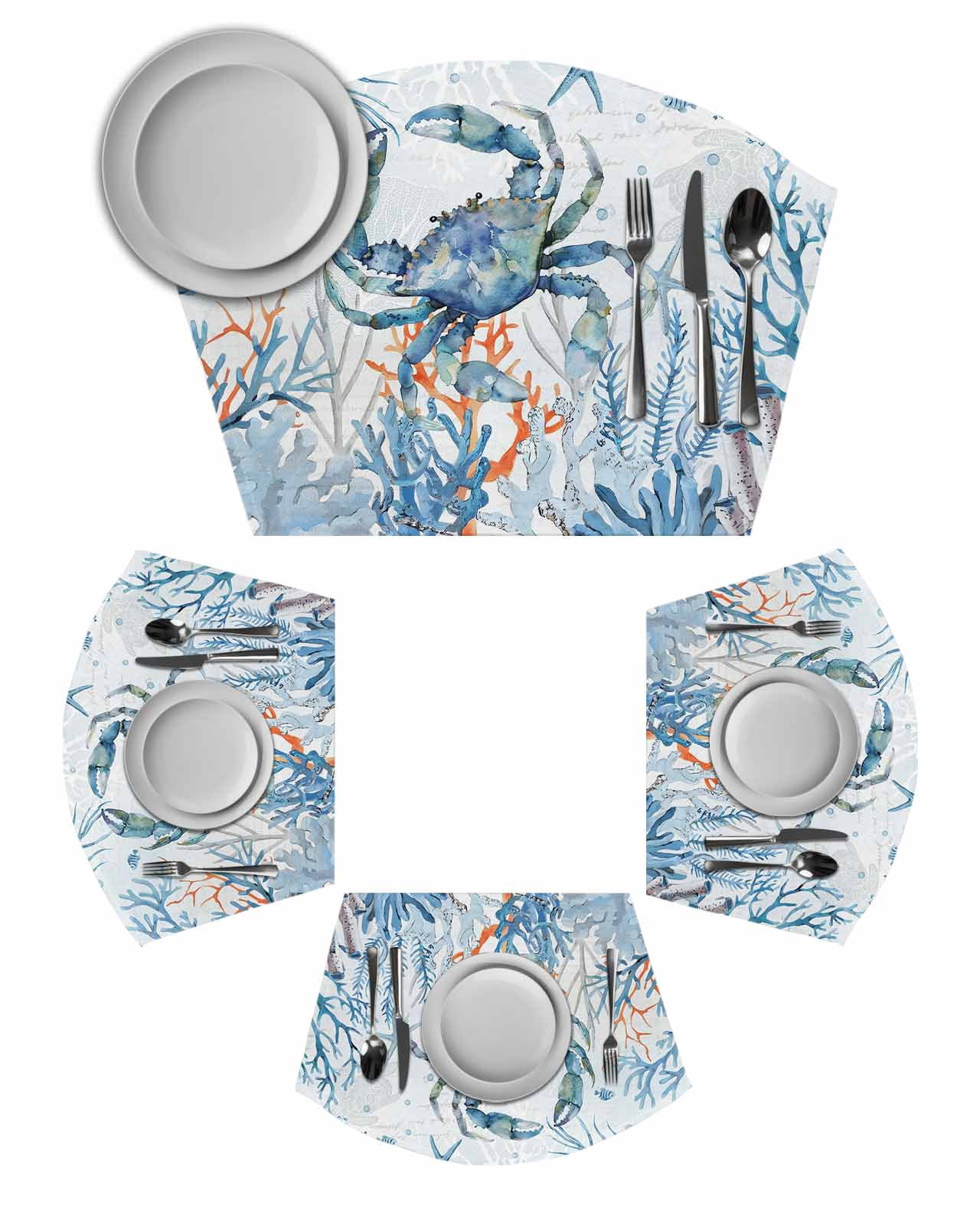Crab Wedge Shaped Placemats Set of 4, Cotton Linen Fan Place Mats, Blue ...