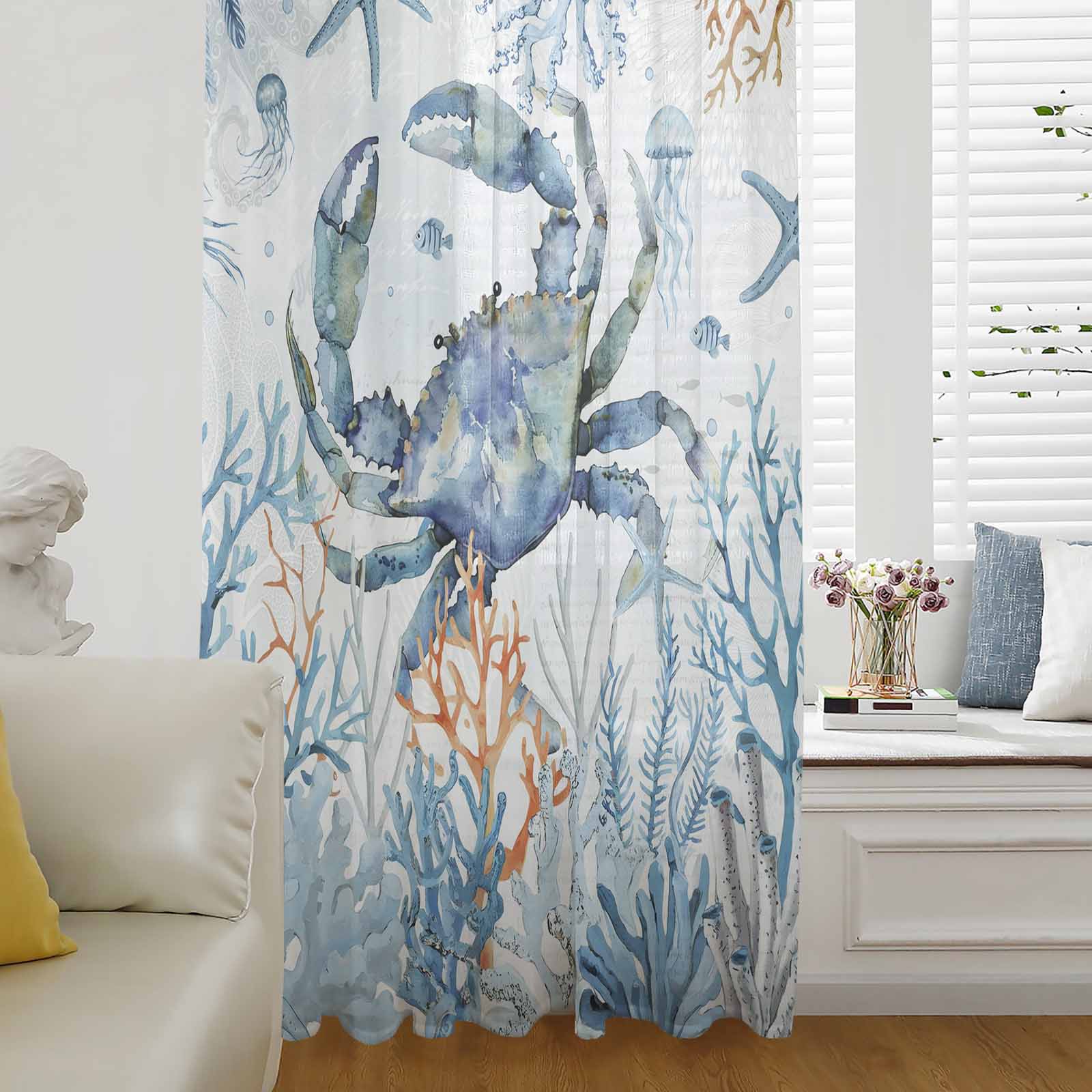 Crab Window Curtain 72 Inches Long,Blue Coastal Starfish Ocean Coral ...