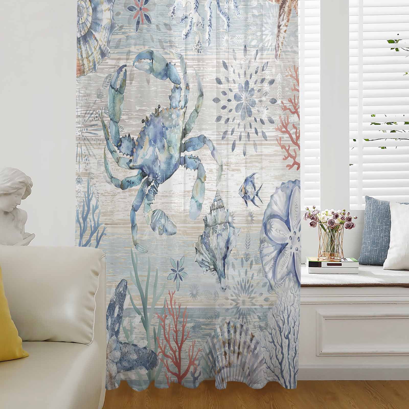 Crab Window Curtain 72 Inches Long,Ocean Sea Coral Retro Blue Shell ...