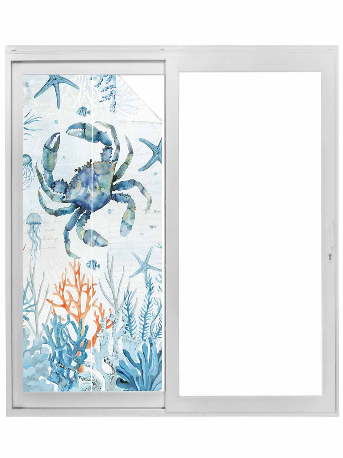 Crab Window Privacy Film, Blue Coastal Starfish Ocean Coral Nautical ...