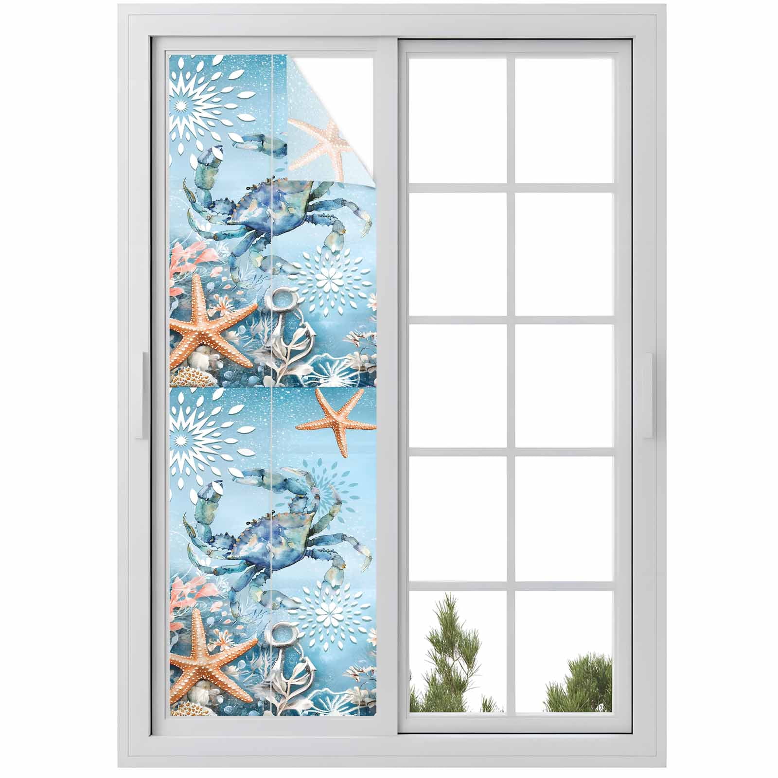 Crab Window Privacy Film Coral Starfish Ocean Coastal Decorative Glass ...
