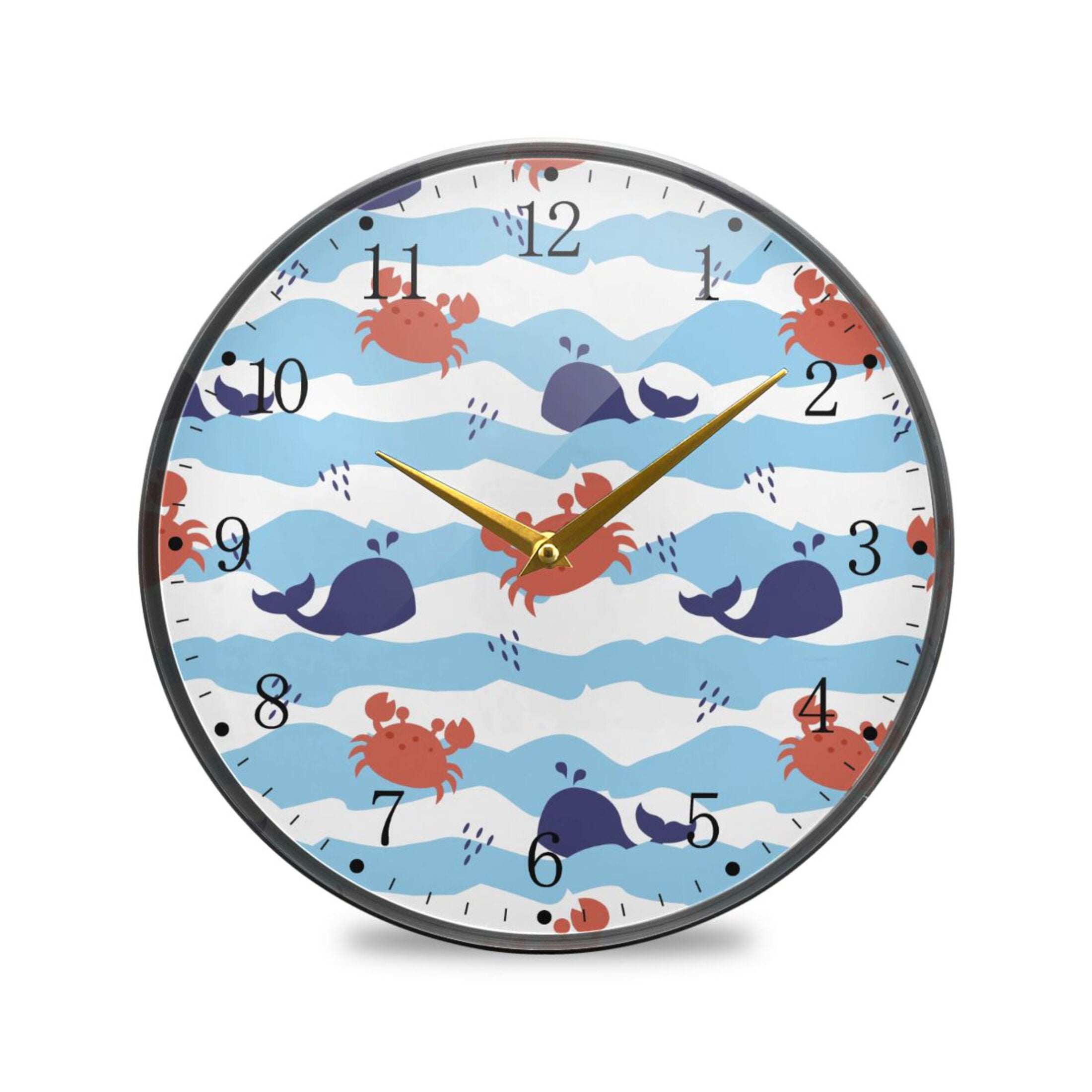 Crab and Whale on Blue Acrylic Wall Clocks Quiet Round Clock Battery ...