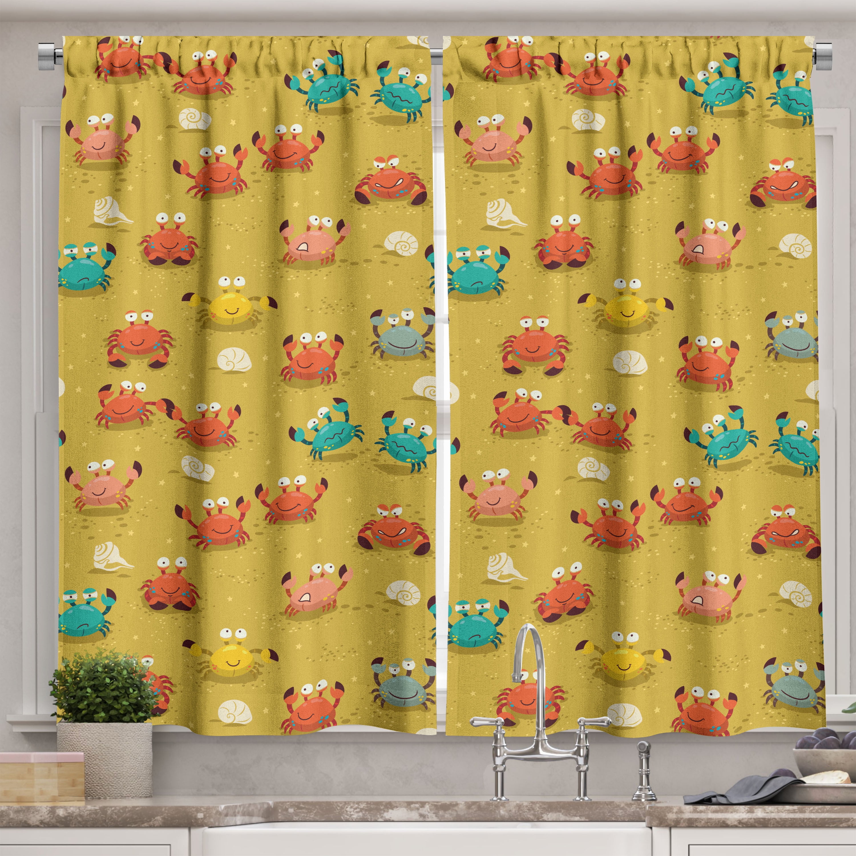 Crabs Curtains 2 Panels Set, Sea Themed Cartoon Style Illustration of ...