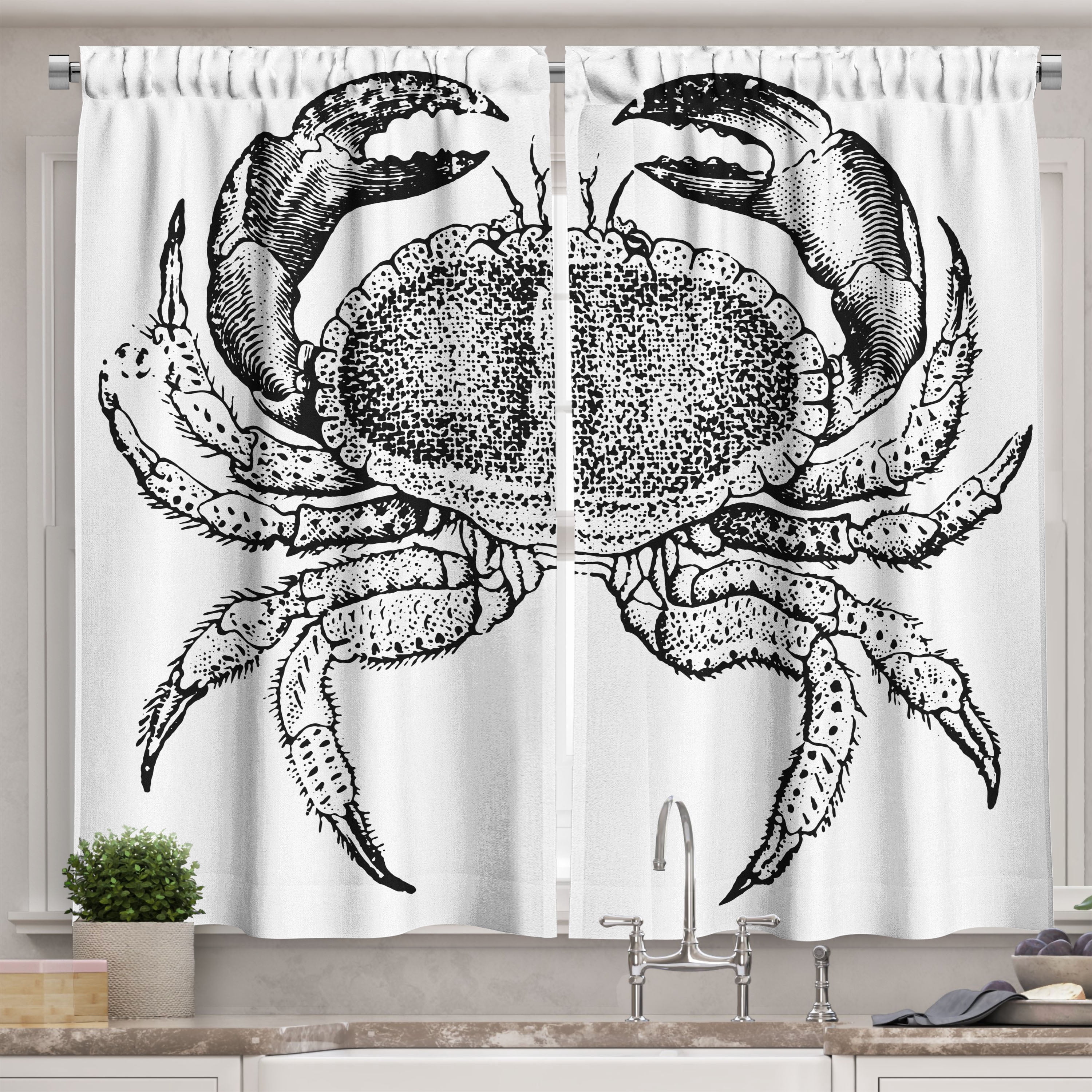 Crabs Curtains 2 Panels Set, Seafood Themed Design Vintage Engraved ...