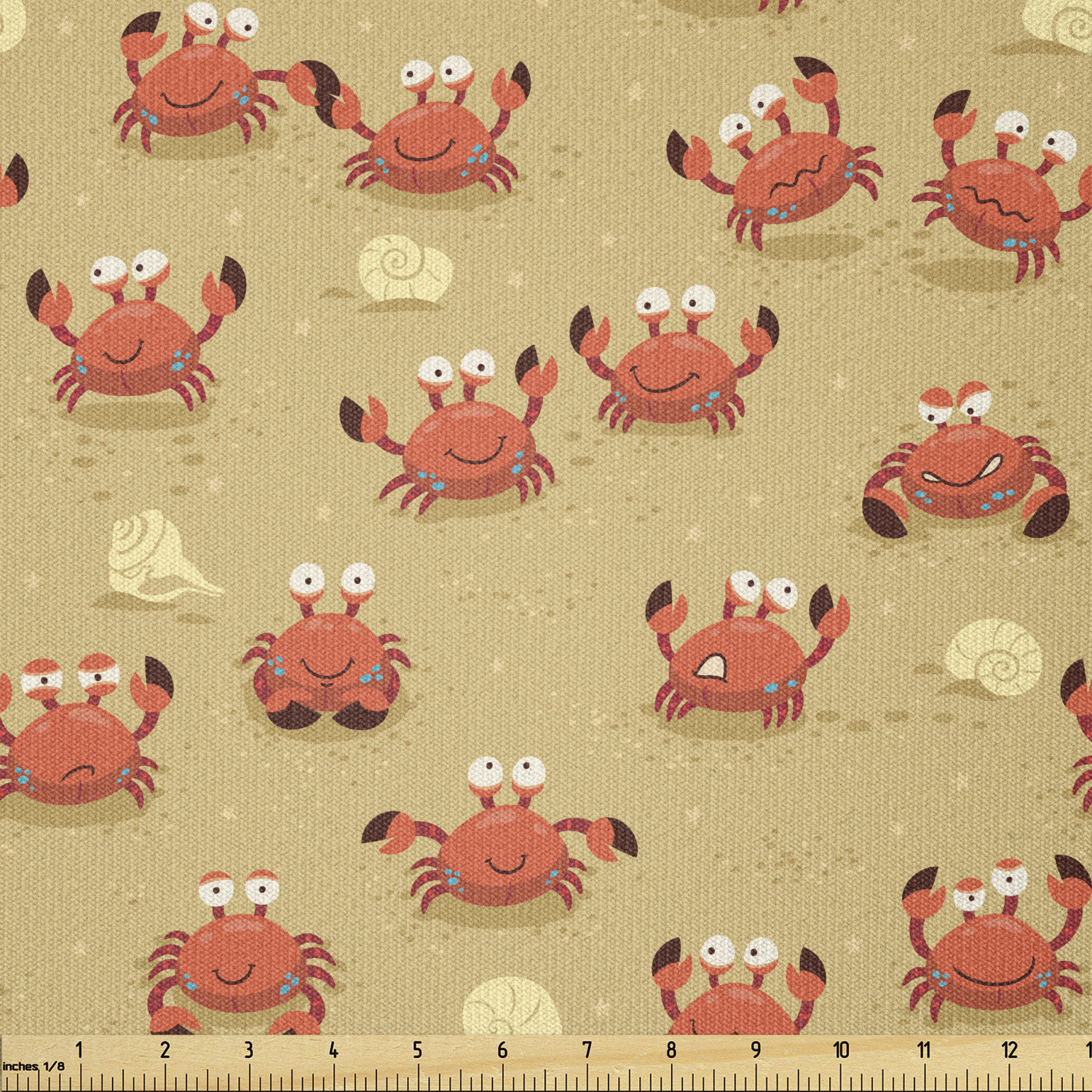 Crabs Fabric by The Yard, Playful Sea Animals on a Sandy Beach with ...