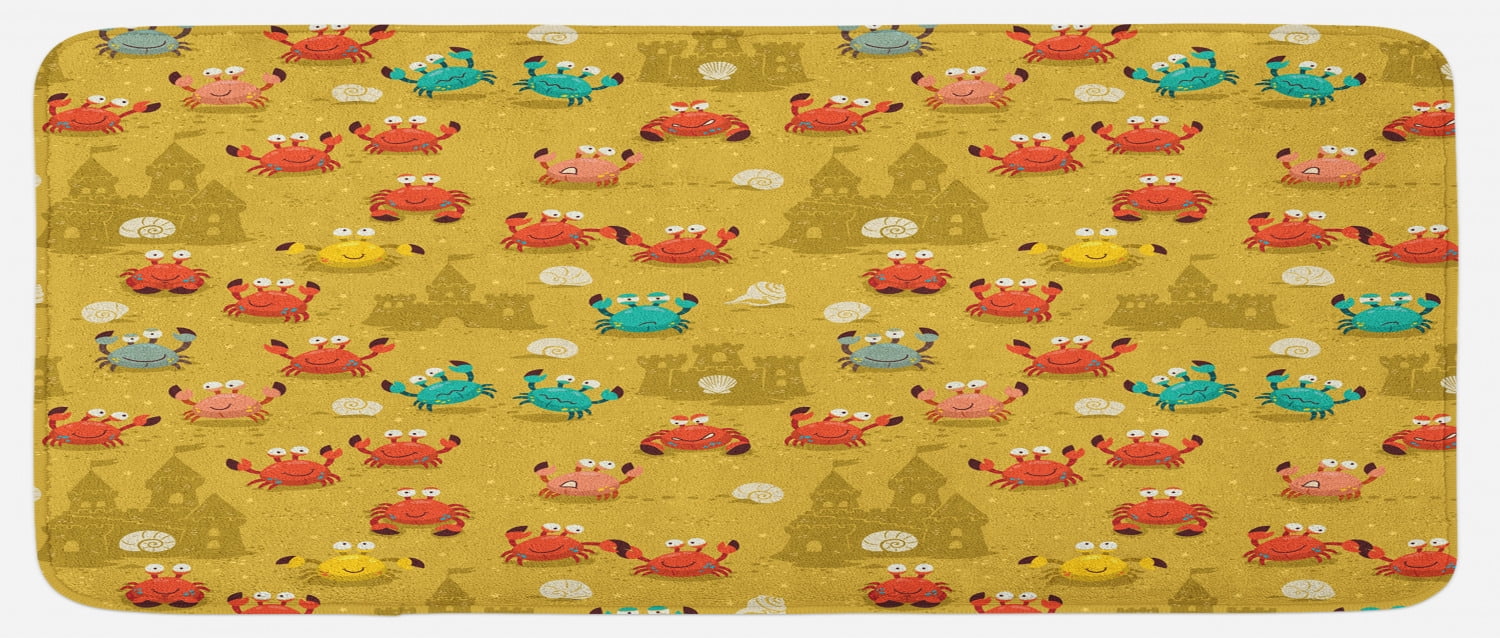 Crabs Kitchen Mat, Themed Cartoon Style Crabs and Shells and a Sand ...