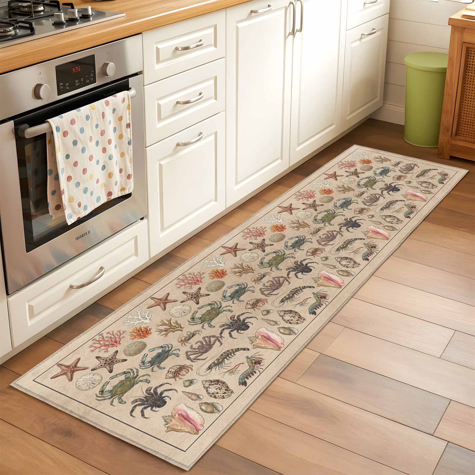 Crabs Runner Rugs 2x6 ft Retro Sea Star Crab Shell Coral Linen Texture ...