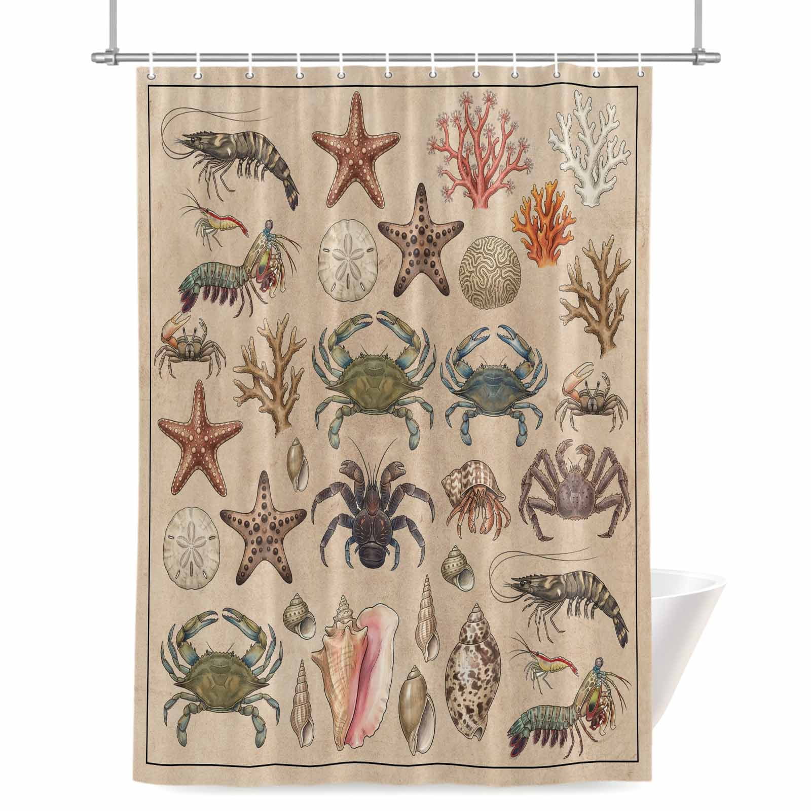 Crabs Shower Curtains for Bathroom, Retro Sea Star Crab Shell Coral ...