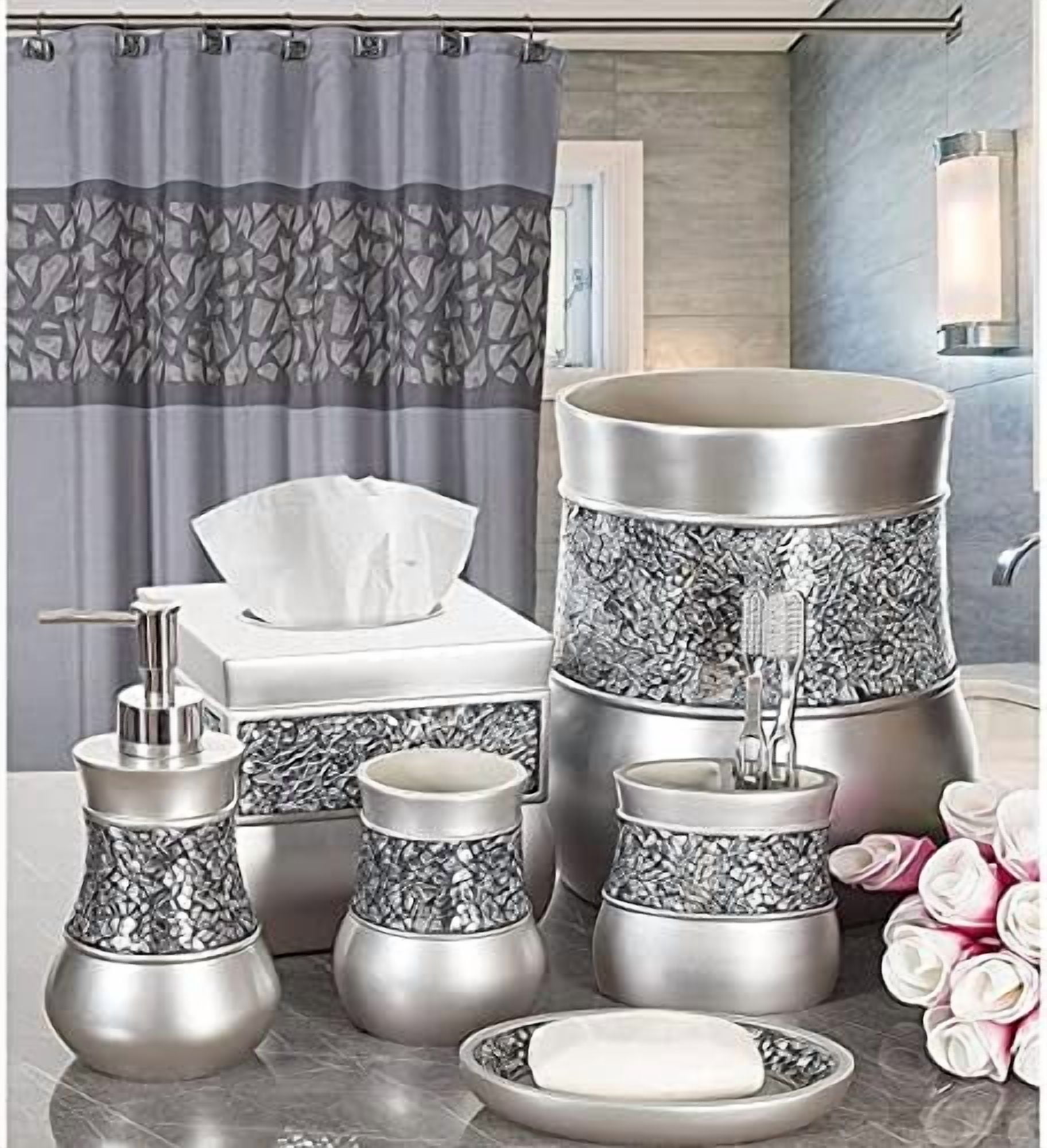 Crackled Glass Silver Small Bathroom Trash Can 2.06 Gal / 7.8L ...