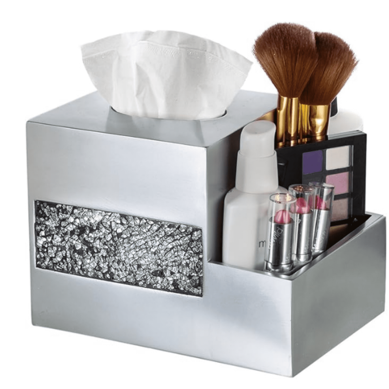 Crackled Glass Silver Tissue Box Cover Square and Nightstand Organizer ...
