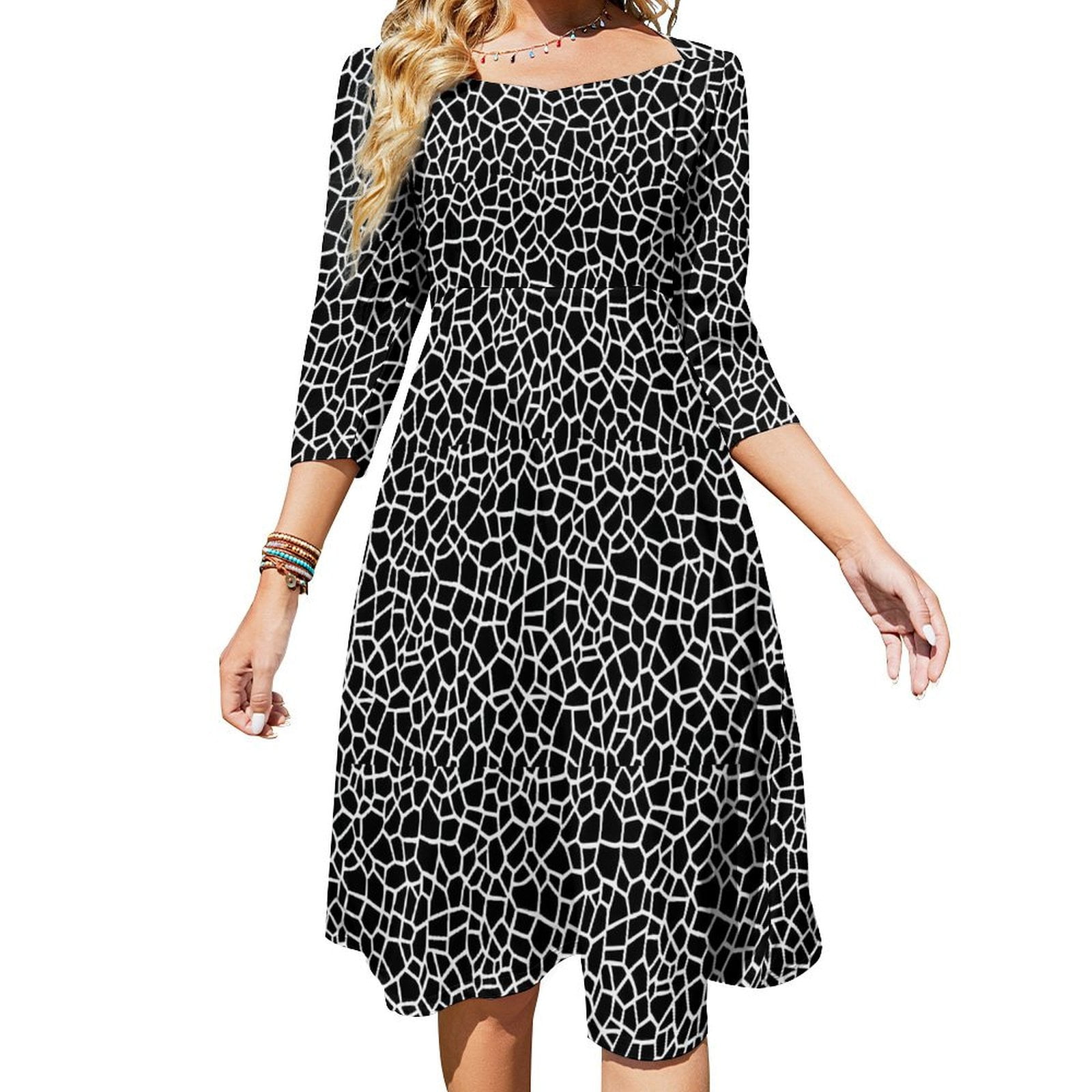 Cracks Texture White Black Women's 3/4 Sleeve Dresses Elegant A-Line ...
