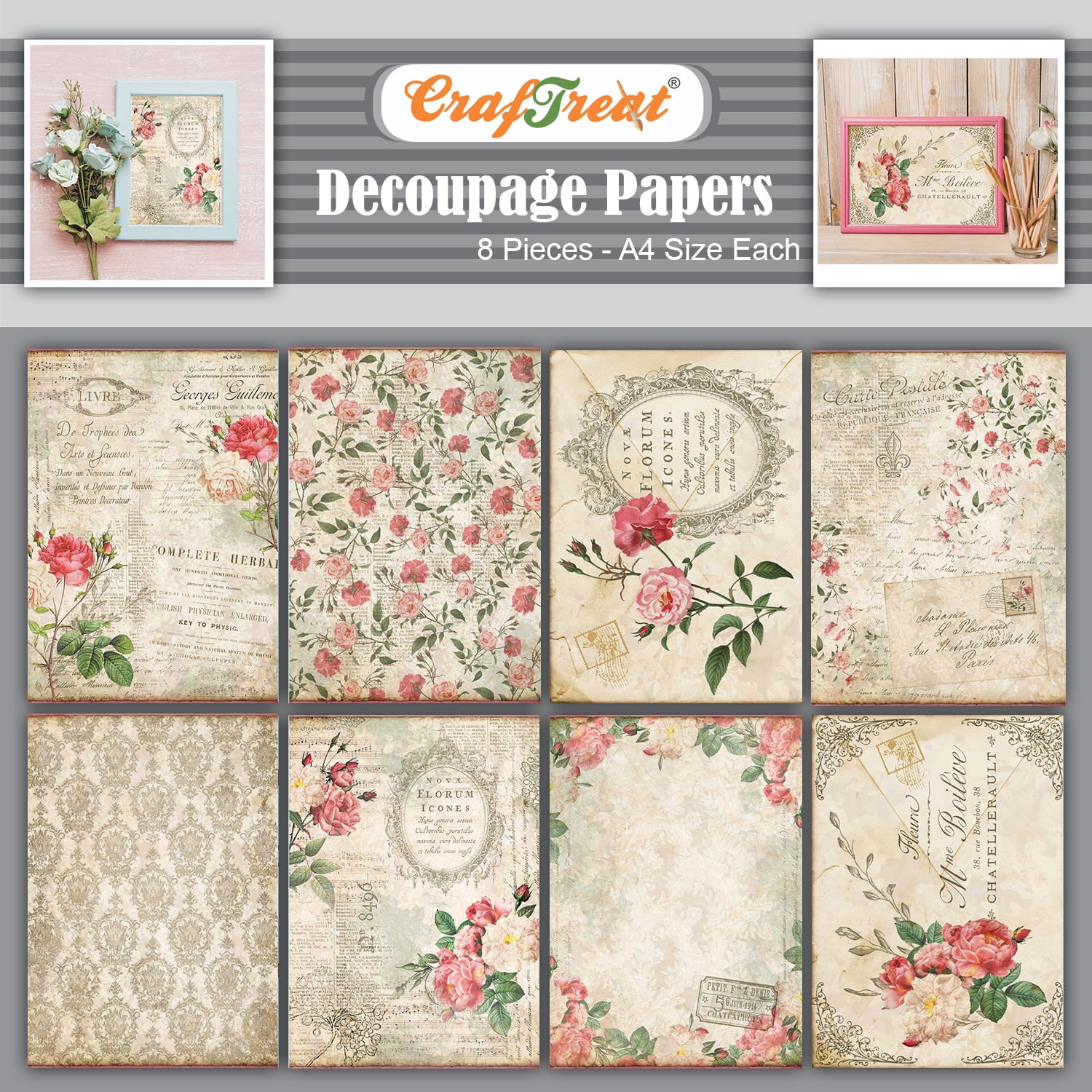 CrafTreat French Floral Decoupage Paper for Furniture, Glass, Wall- A4 ...