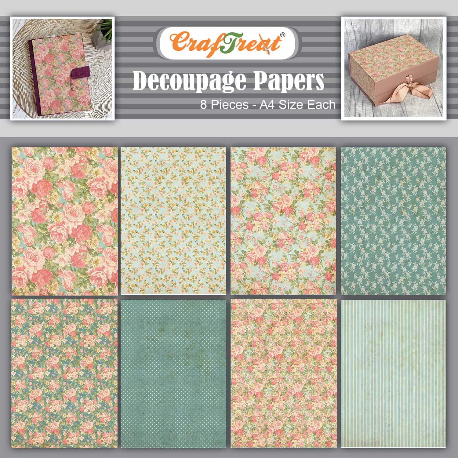 CrafTreat Mini Floral Background Decoupage Paper for Furniture-A4-8Pcs ...