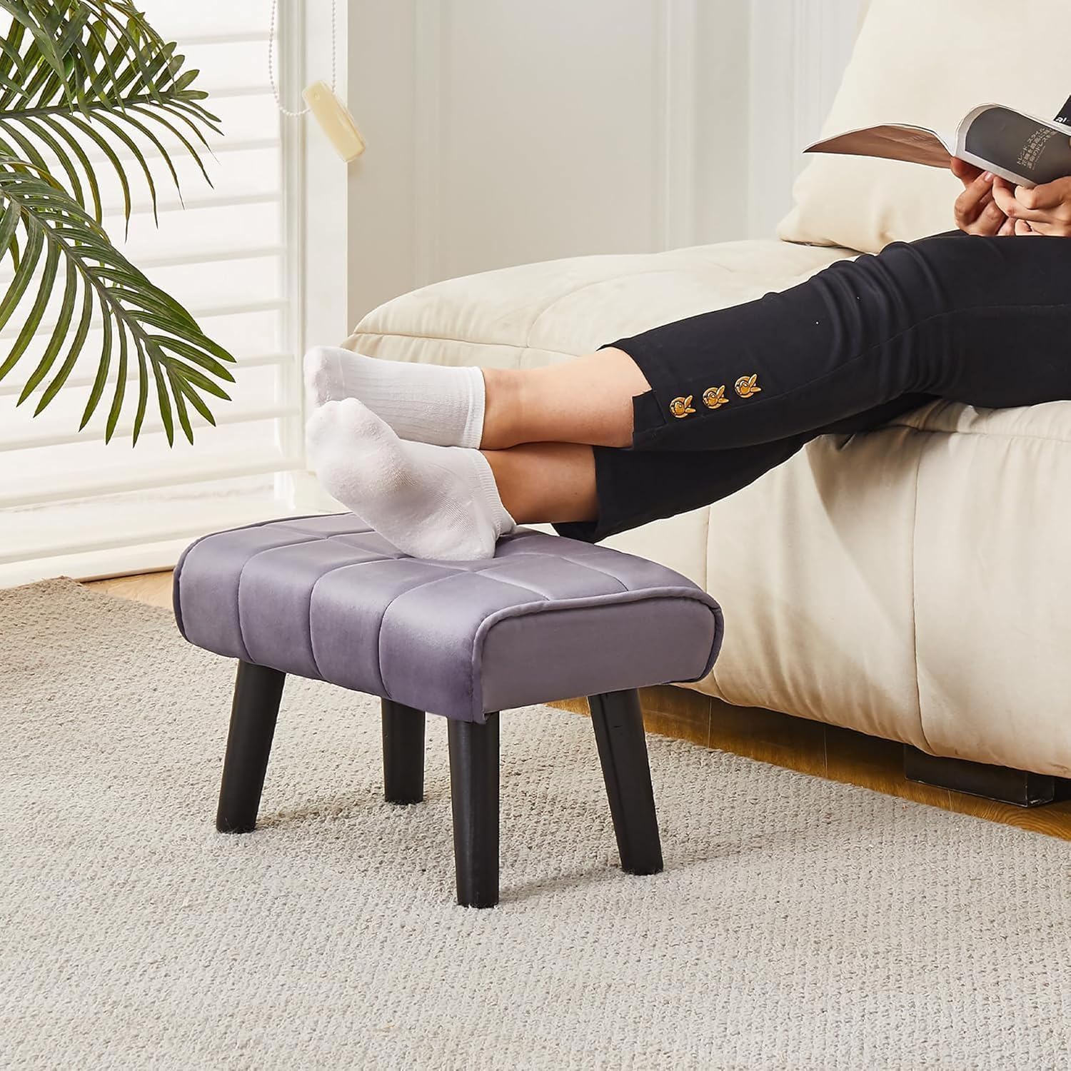 Crafix Rectangular Ottoman Footstool with Velvet Soft Footrest and Wood ...