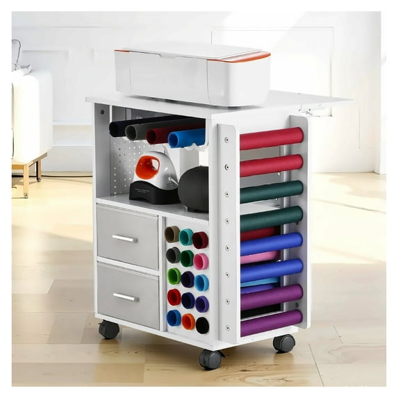 Craft Cart with Wheels & 15 Vinyl Roll Holders - Rolling Storage Table ...