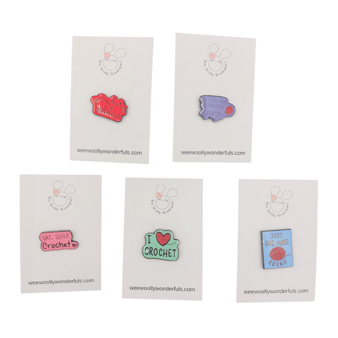 Craft, Crochet, Knitting fun slogan Pin Badges (Set of 5 Pin Badges ...
