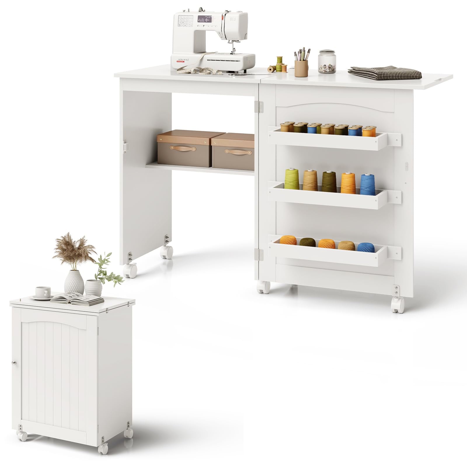 Craft Station Desk with Storage Shelves, Folding Sewing Table for Home ...