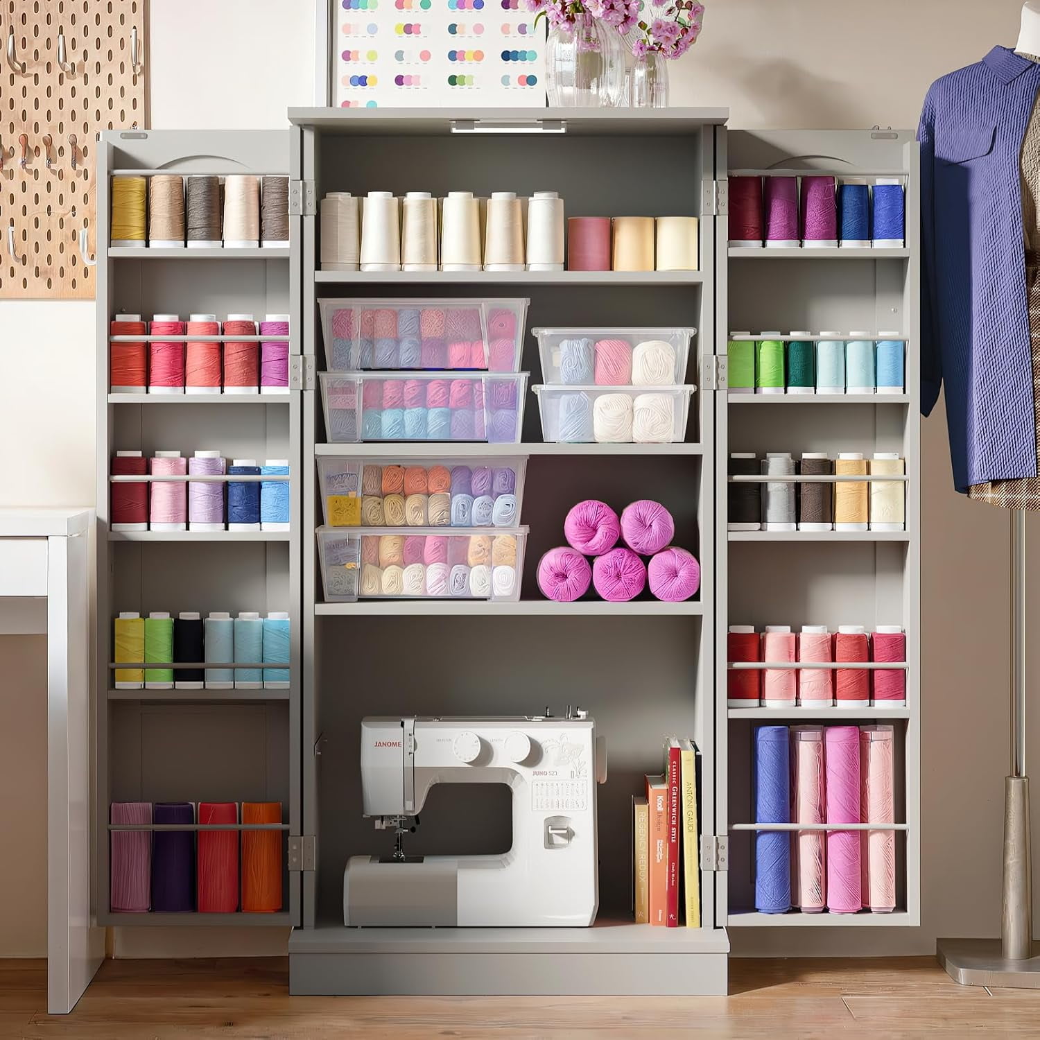 Craft Storage Cabinet with LED Lights – 50" Adjustable Shelves Sewing ...