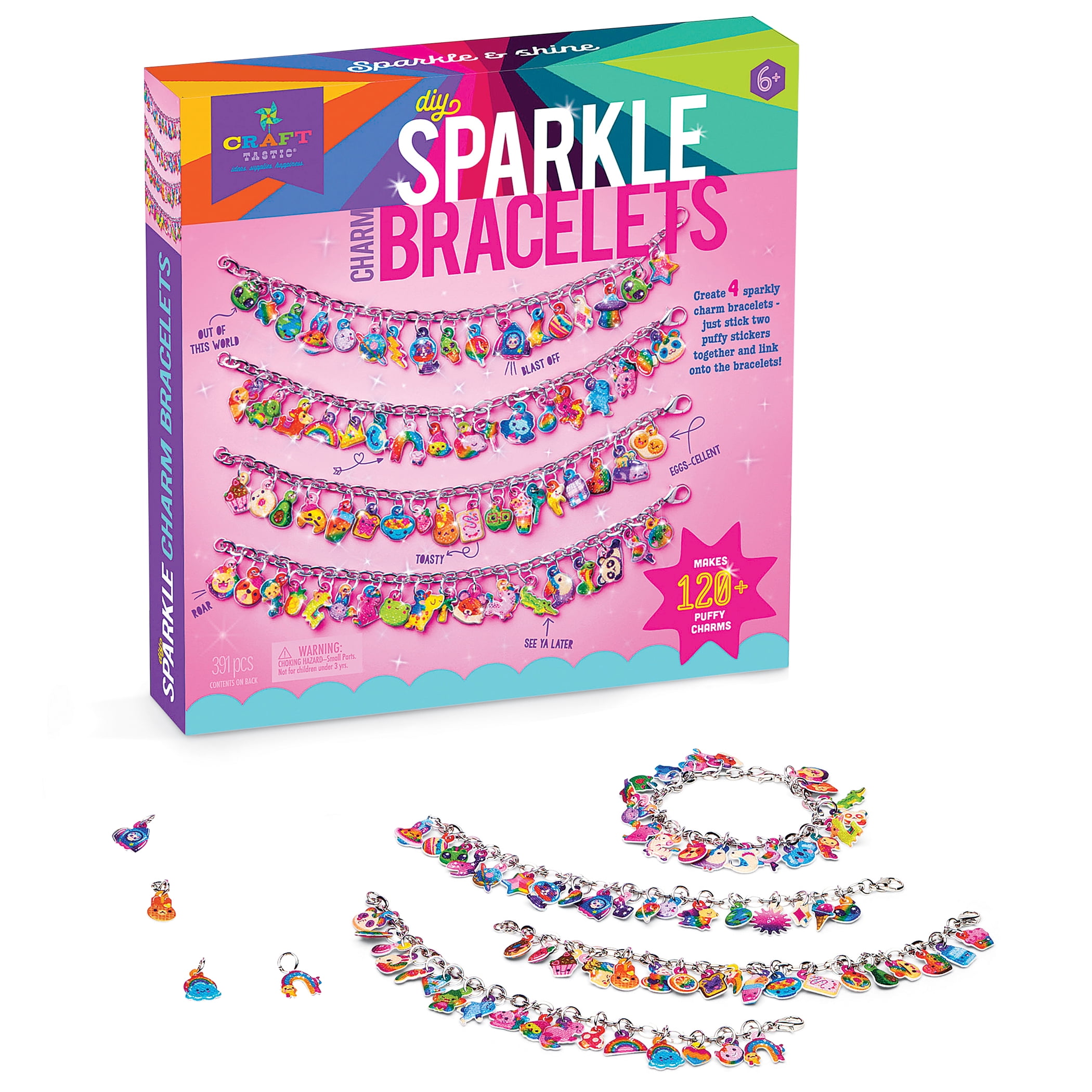 Craft-tastic – Sparkle Charm Bracelets – Craft Kit Makes 4 Customizable Bracelets with DIY Puffy ...