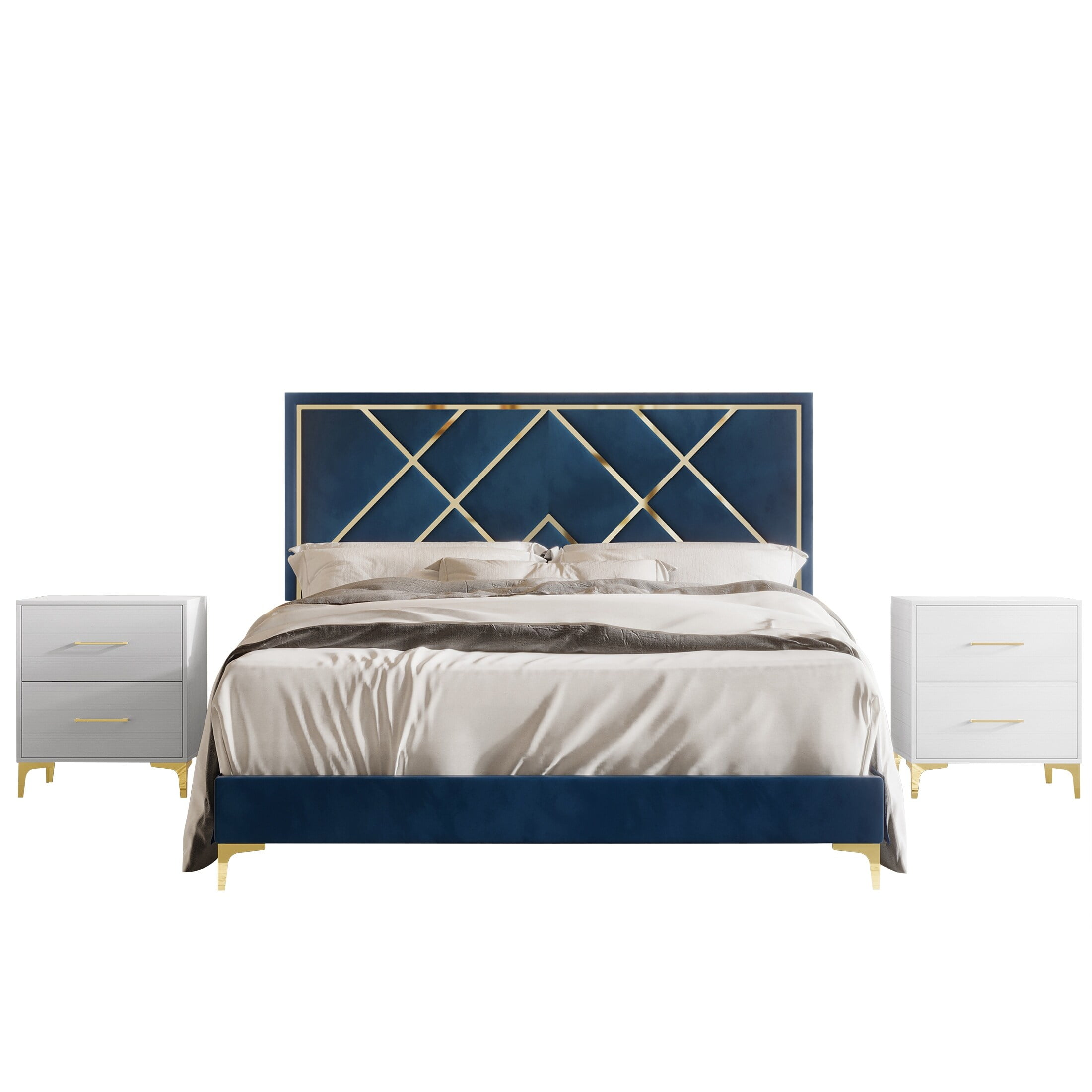 CraftPorch 3 Piece Bedroom Nightstands Set Velvet Upholstered Bed Navy ...