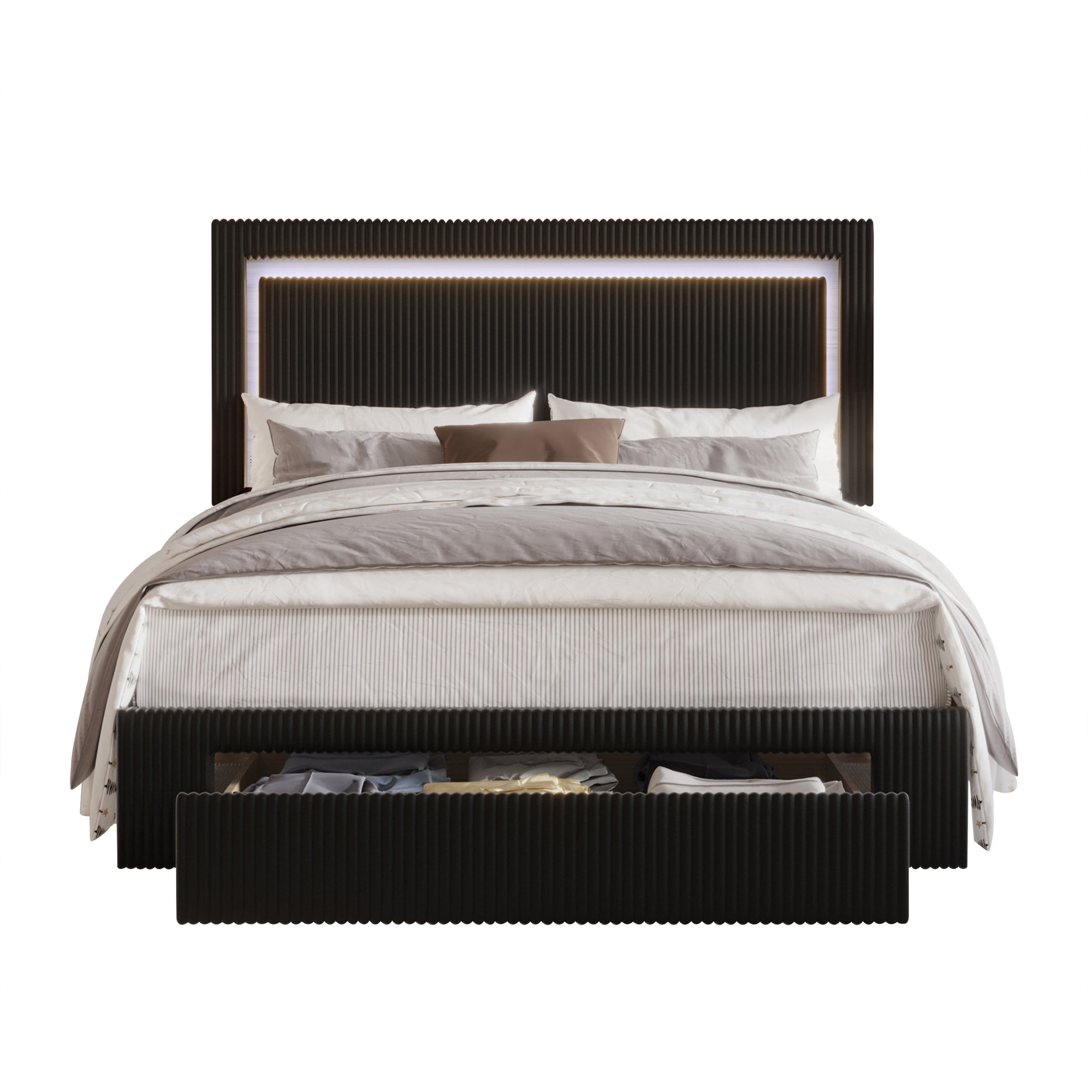 CraftPorch Corduroy Velvet Tufted LED Light Platform Storage Bed Black ...