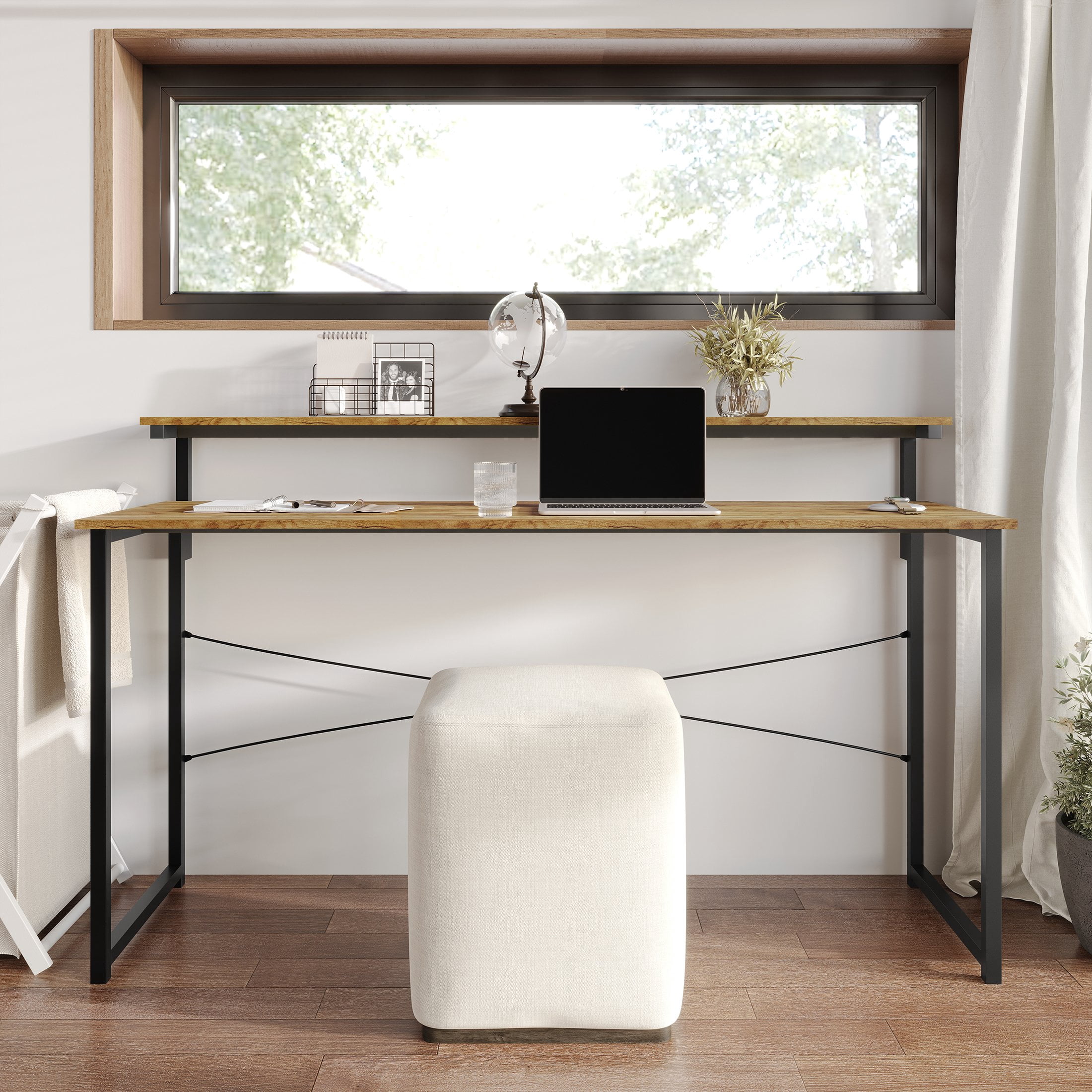 Castle Place Minimalist 55" Metal Computer Desk With Shelf, Light Oak ...