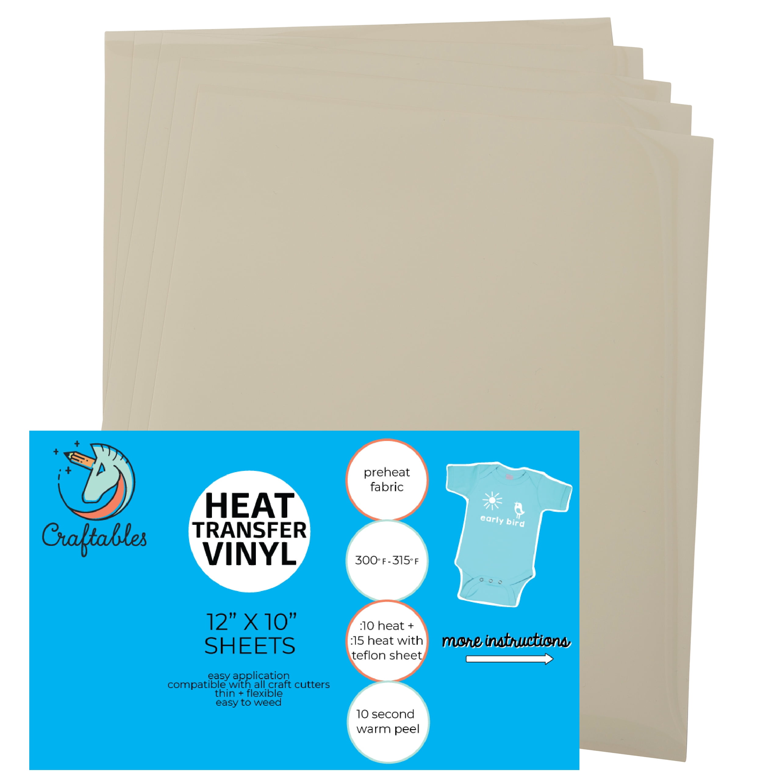 Craftables Beige Heat Transfer Vinyl HTV - 5 Sheets Easy to Tshirt Iron ...
