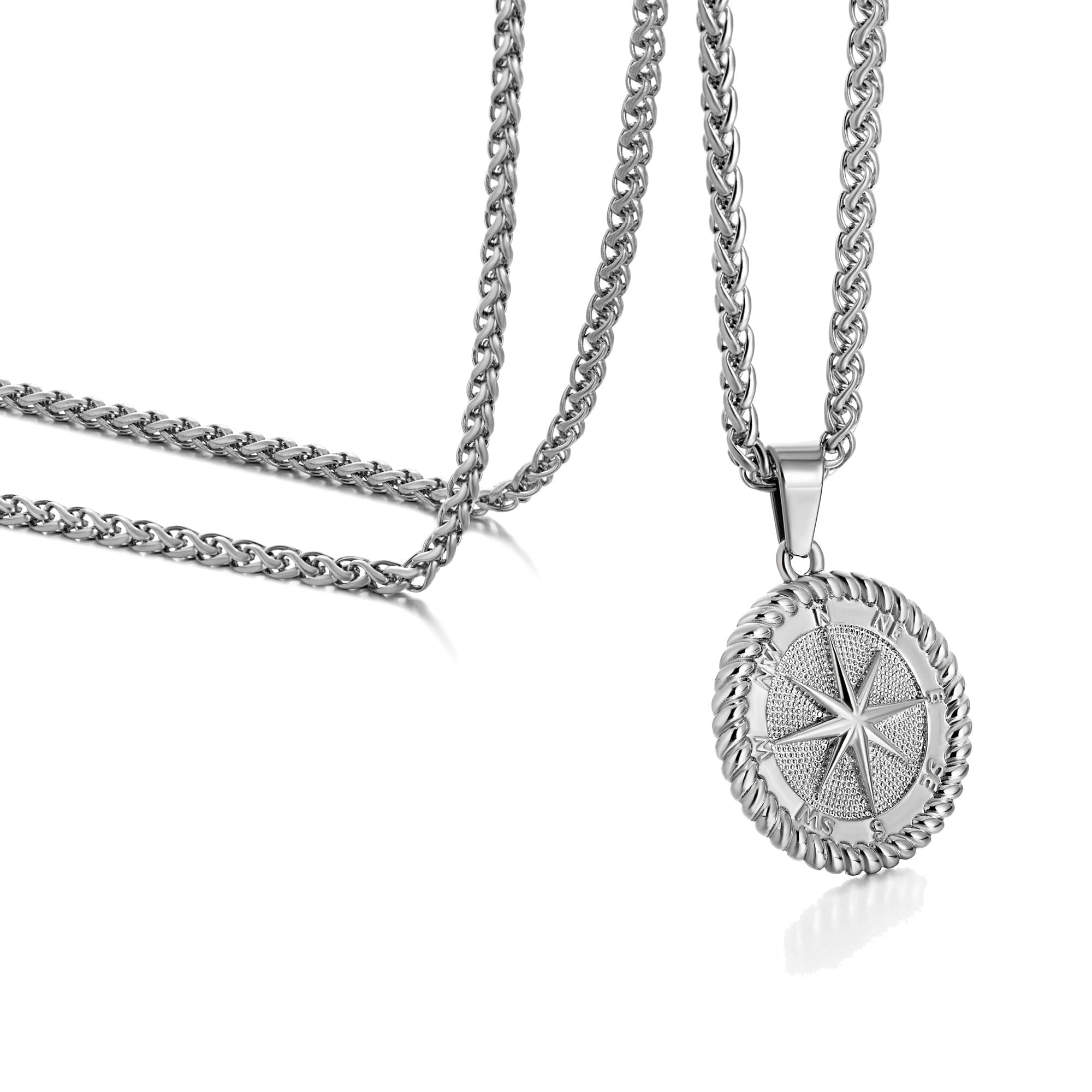 Crafted Compass Coin Necklace with Wheat Chain for Men, Mens Necklace ...