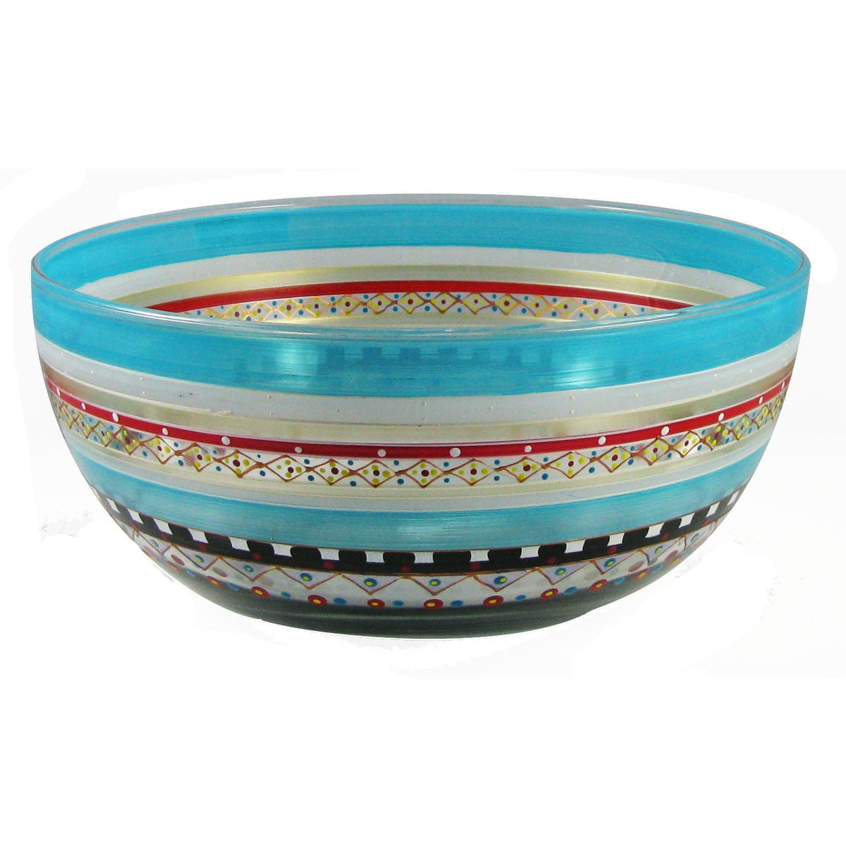 11" Blue Mosaic Carnival Confetti Hand Painted Glass Serving Bowl ...