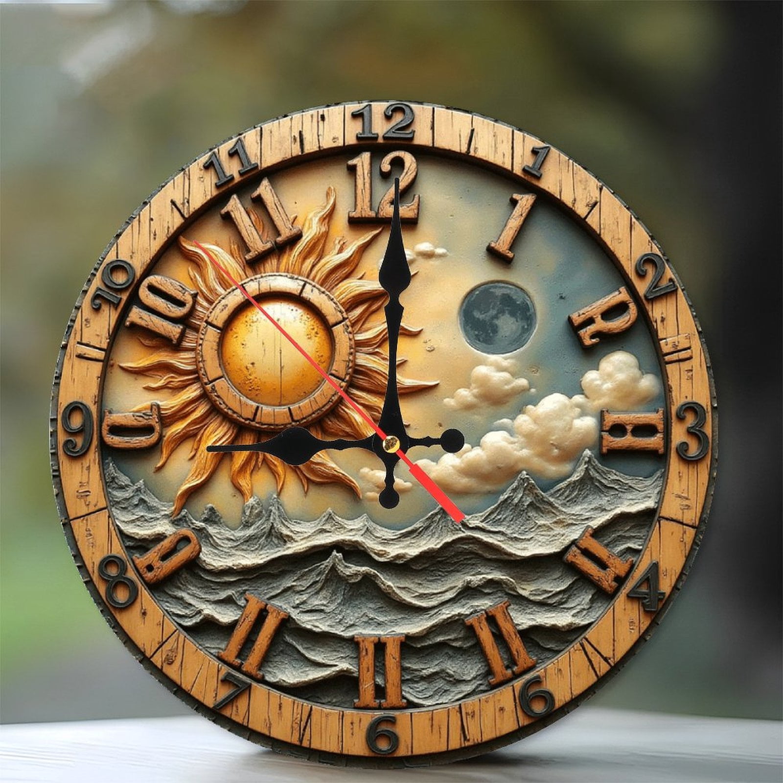 Crafted Sun And Moon Wall Clock with 2D Mountain Design 10-Inch Silent ...