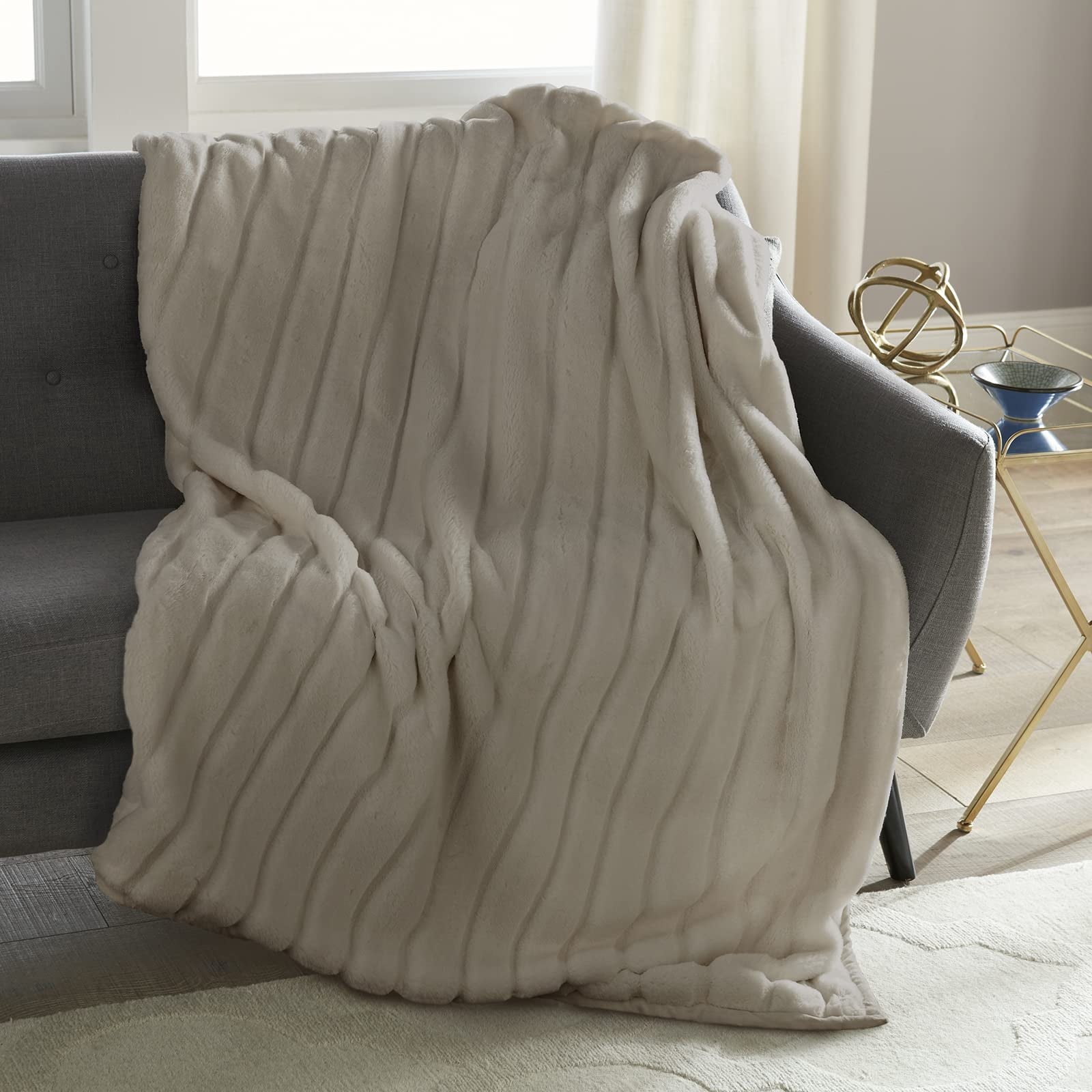 Crafted by Catherine Taupe Channel Cut Faux Rabbit Fur Throw 50" x 60 ...
