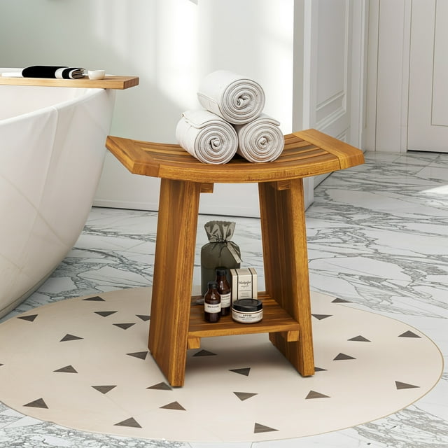 Craftian 18" Shower Bench with Storage Shelf, Teak Wood Waterproof Non ...