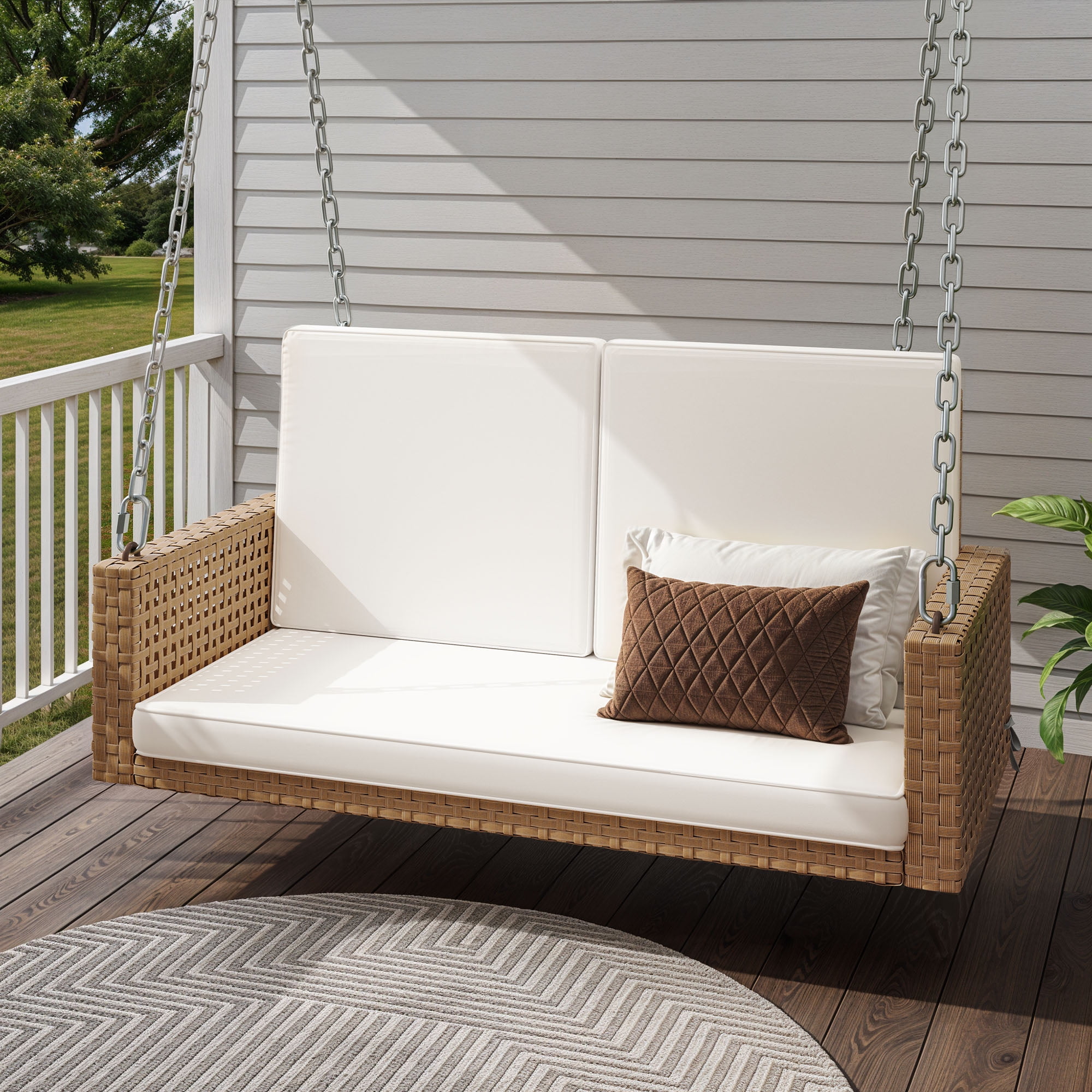 Craftian 2-Person Patio Hanging Porch Swing Rattan 800LBS Swing Bench w ...