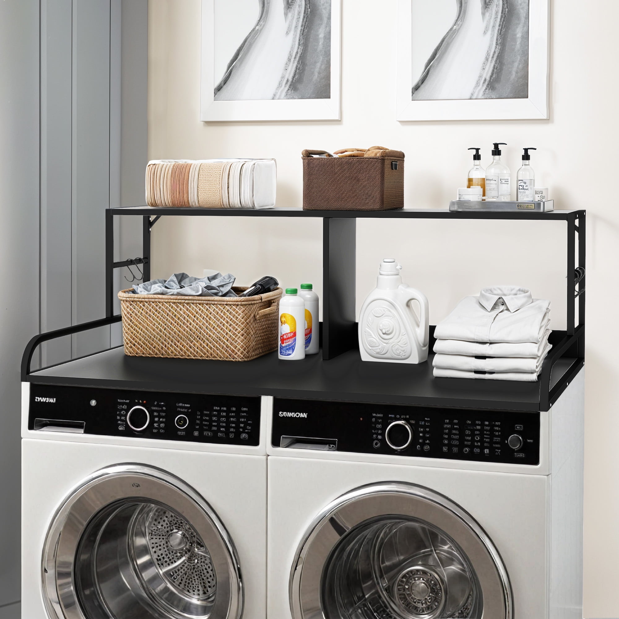 Craftian 2-Tier Over Washer Storage Rack with Hooks, Laundry Room Dryer ...
