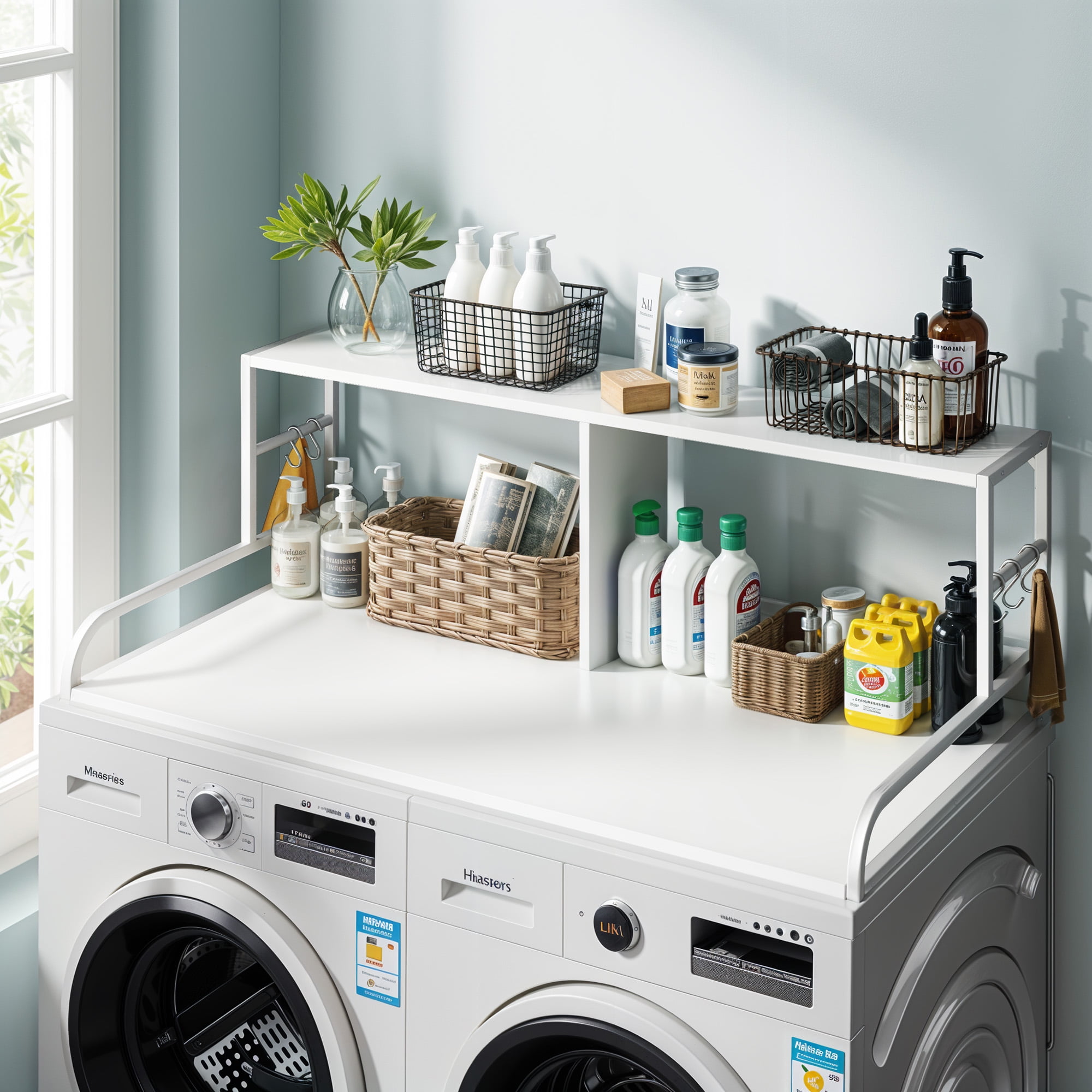 Craftian 2-Tier Over Washer Storage Rack with Hooks, Laundry Room Dryer ...