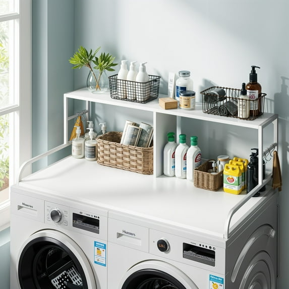 Craftian 2-Tier Over Washer Storage Rack with Hooks, Laundry Room Dryer ...