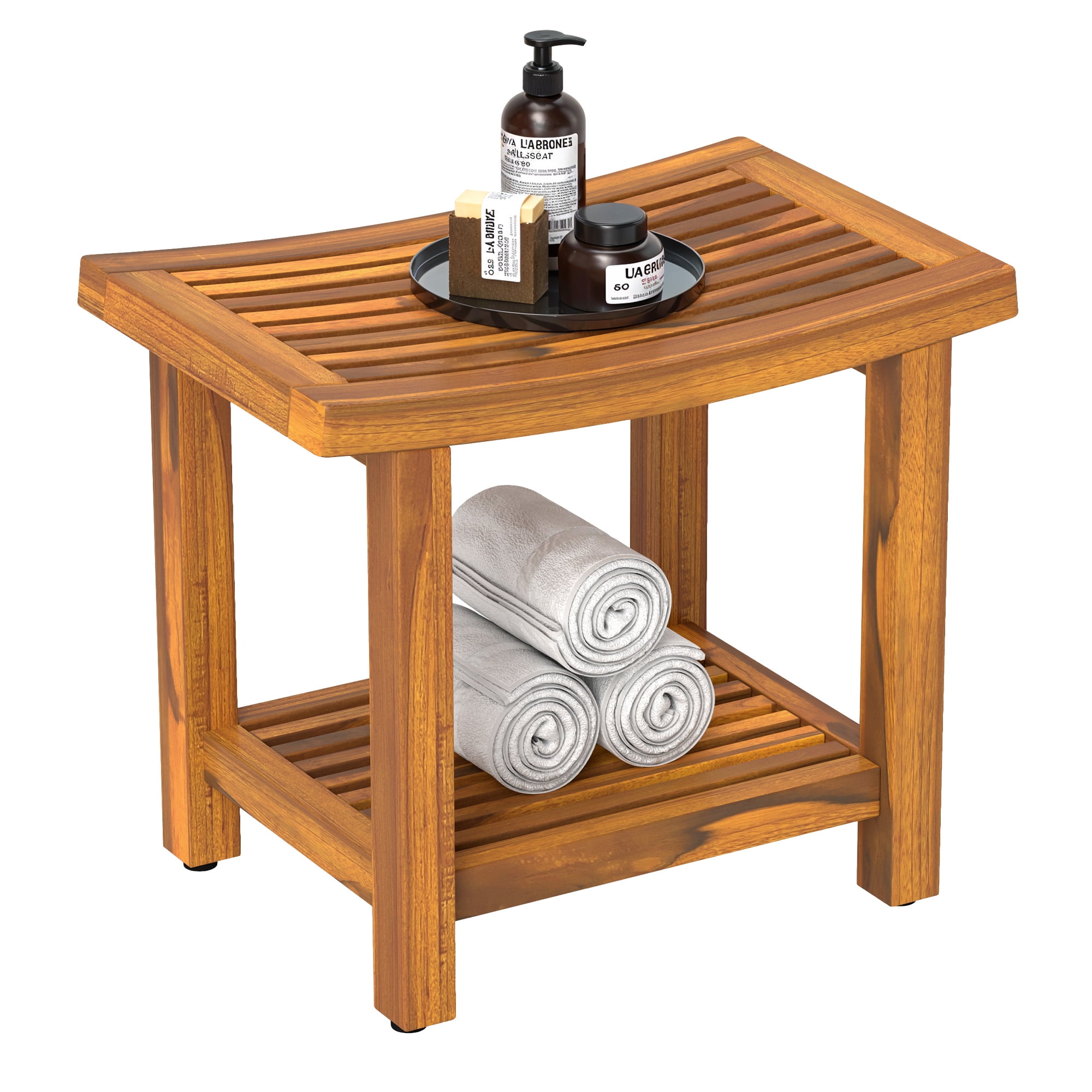 Craftian 20.9" Teak Wood Shower Stool with Storage Shelf, Waterproof ...