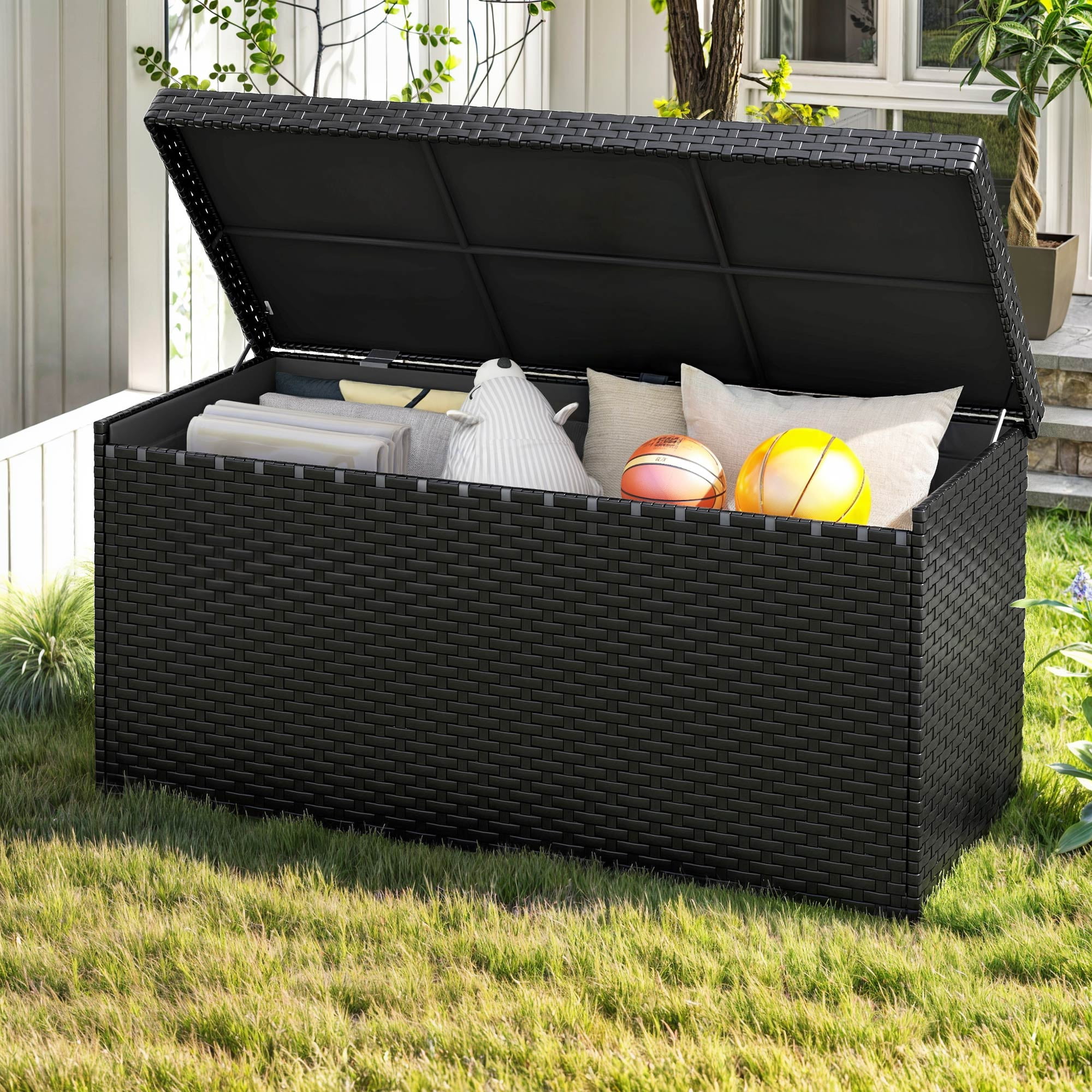 Craftian Outdoor 260 Gallon Waterproof Wicker Deck Box, Black - Walmart.com